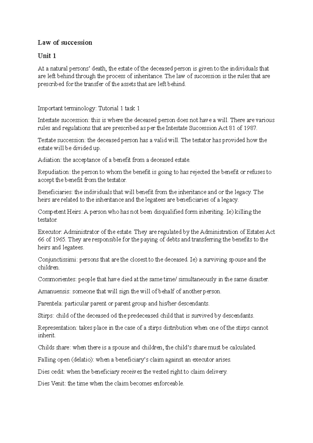 Law of Succession notes 2021 - Law of succession Unit 1 At a natural ...