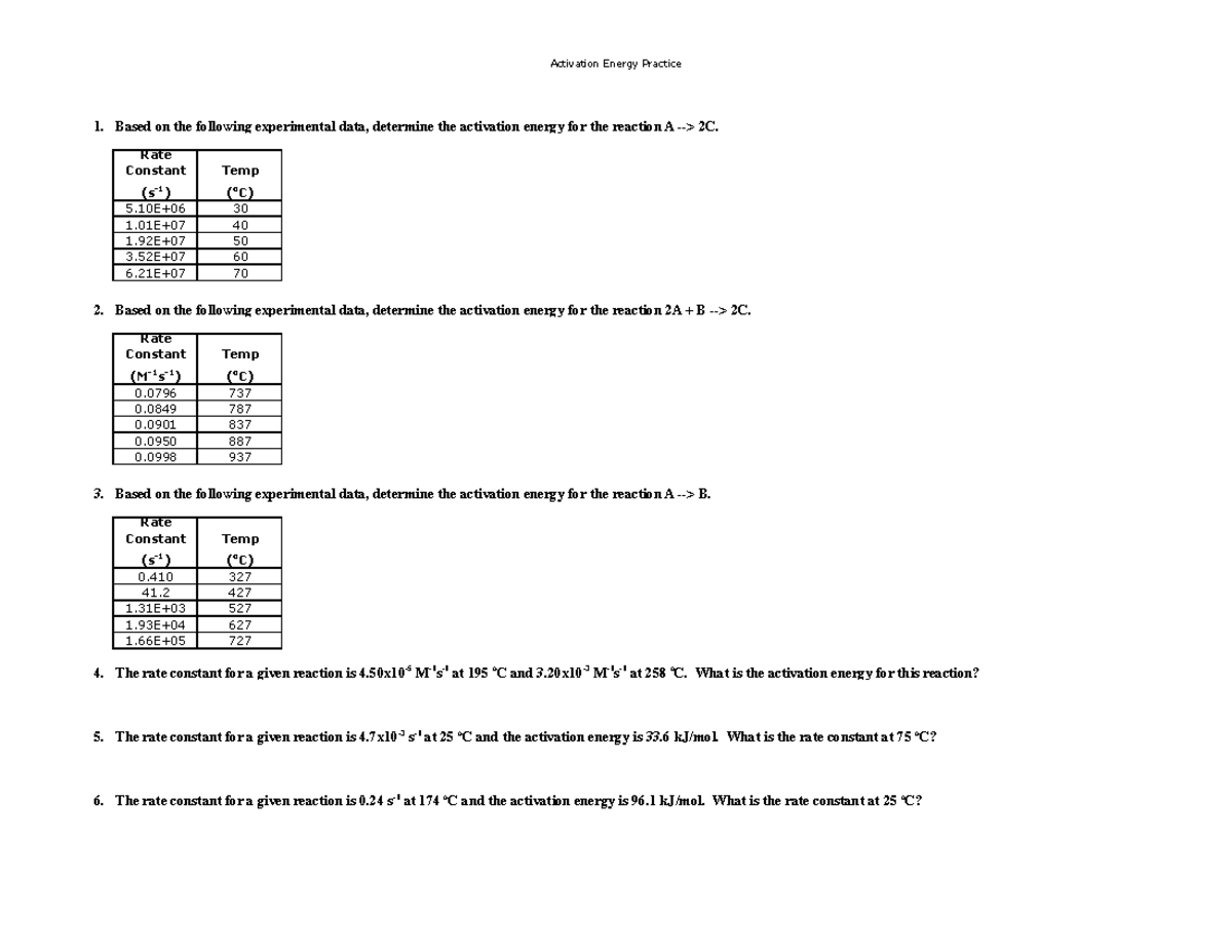 Activation Energy - Practice Worksheet - Activation Energy Practice 1 ...