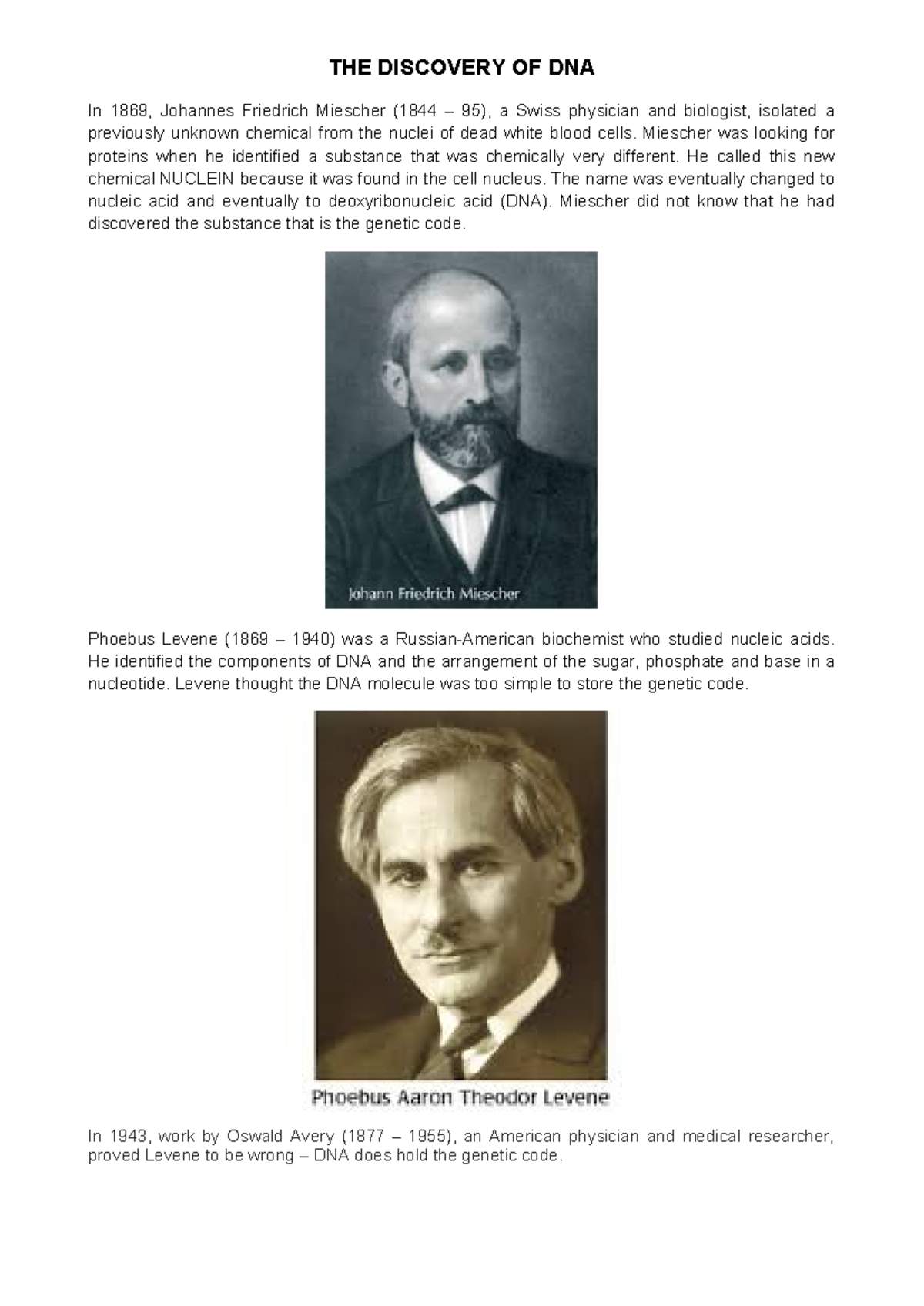 3. The Discovery of DNA - notes and questions - In 1869, Johannes ...