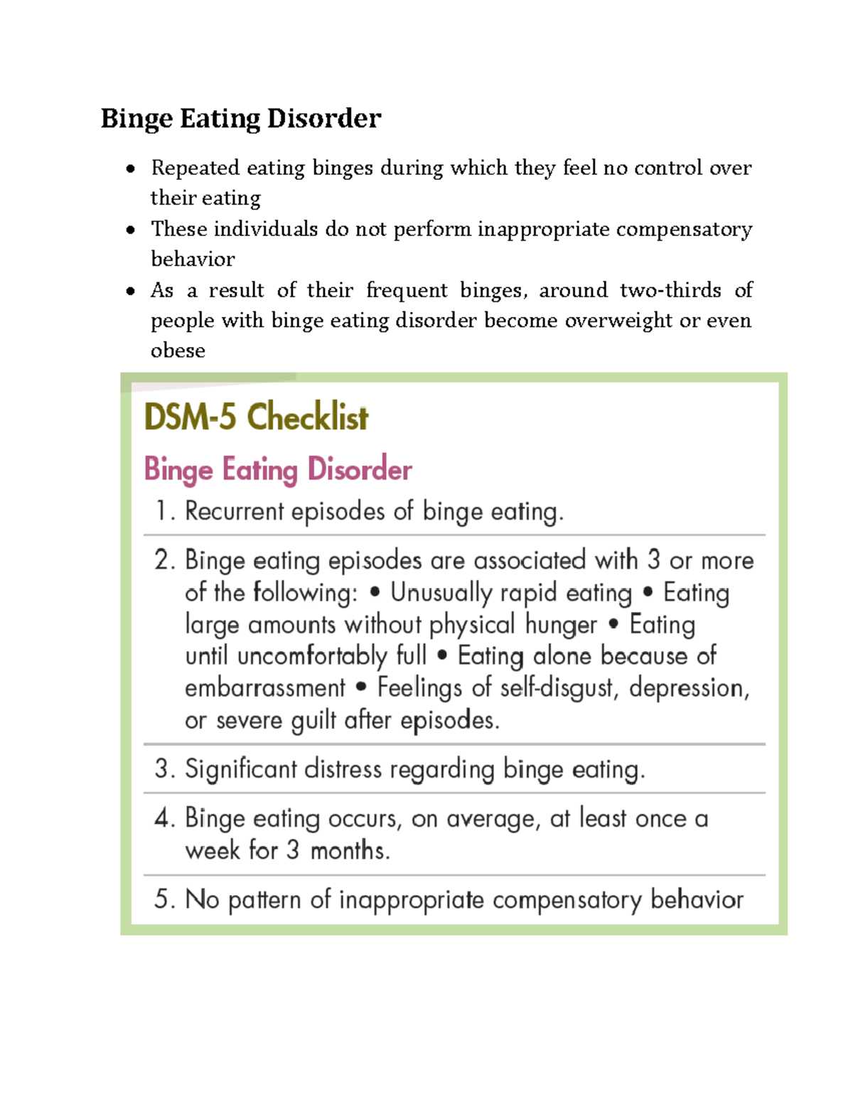 Binge Eating Disorder - Lecture notes 1-6 - Binge Eating Disorder ...