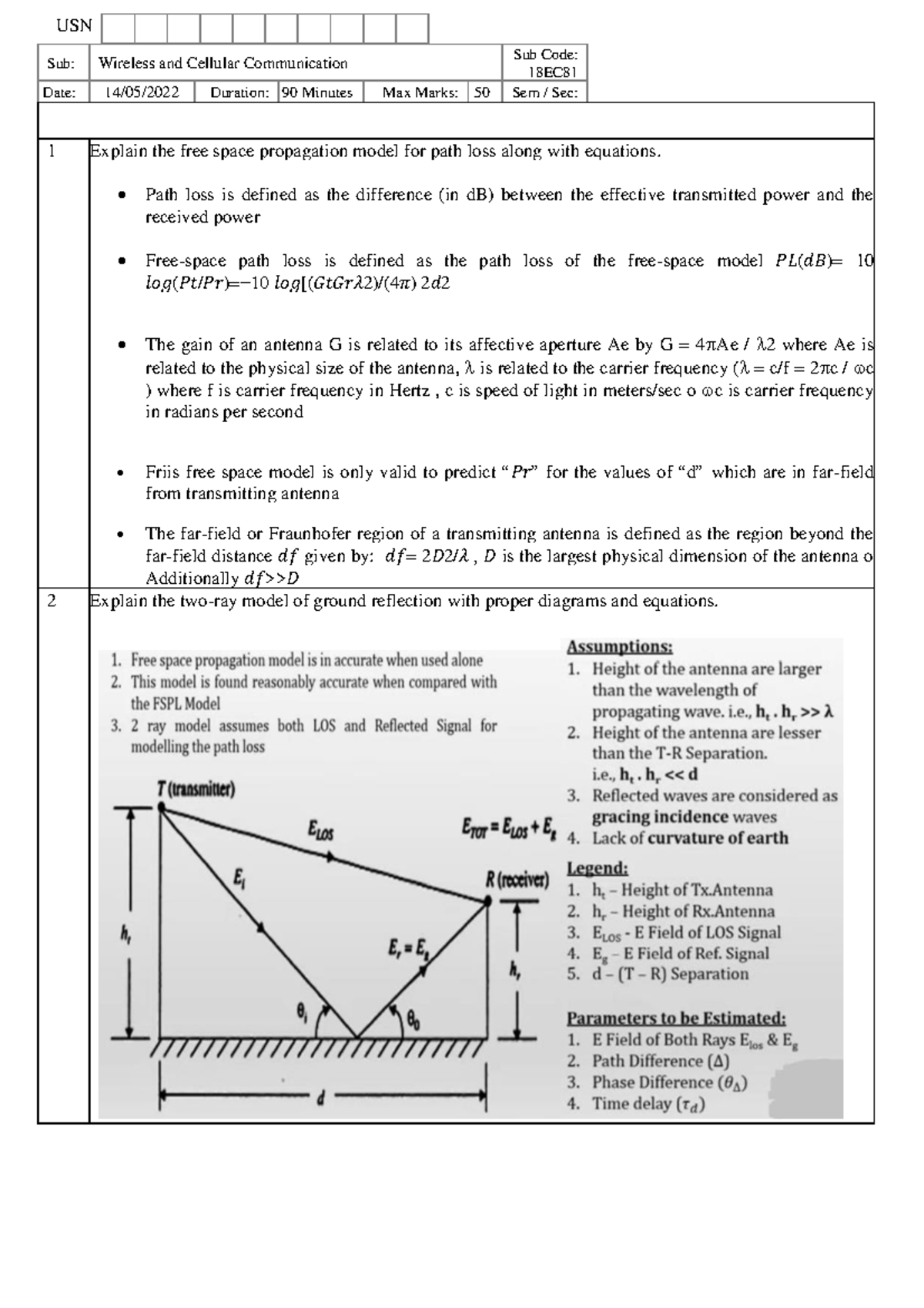 IAT-I Question Paper with Solution of 18EC81 Wireless And Cellular ...