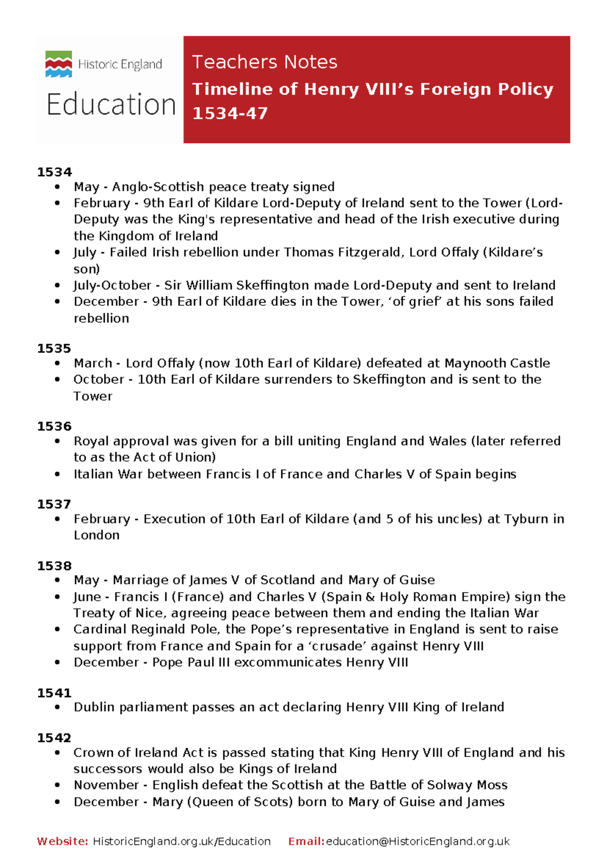 Teachers' Notes Timeline of Henry VIII - Foreign Policy 1534-47 ...