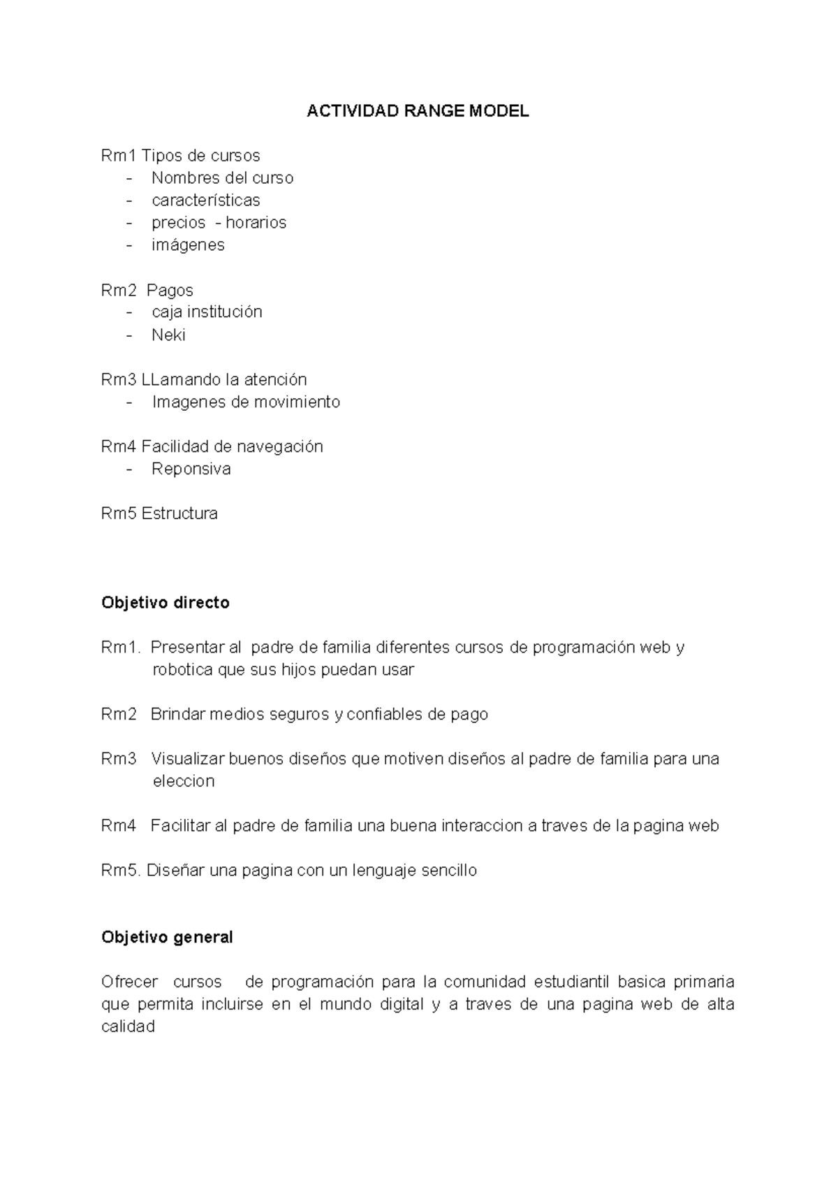 Actividad 1 de Rang model - ACTIVIDAD RANGE MODEL Rm1 Tipos de cursos - Nombres del curso ...