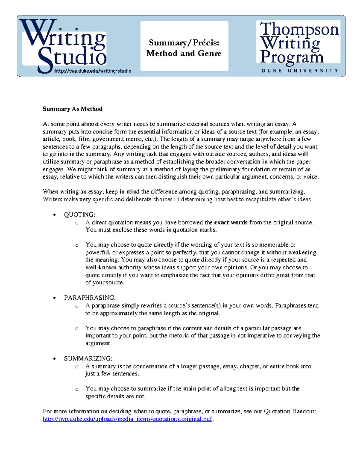 Duke - summary-method-and-genre-handout - Summary/Précis: Method and ...
