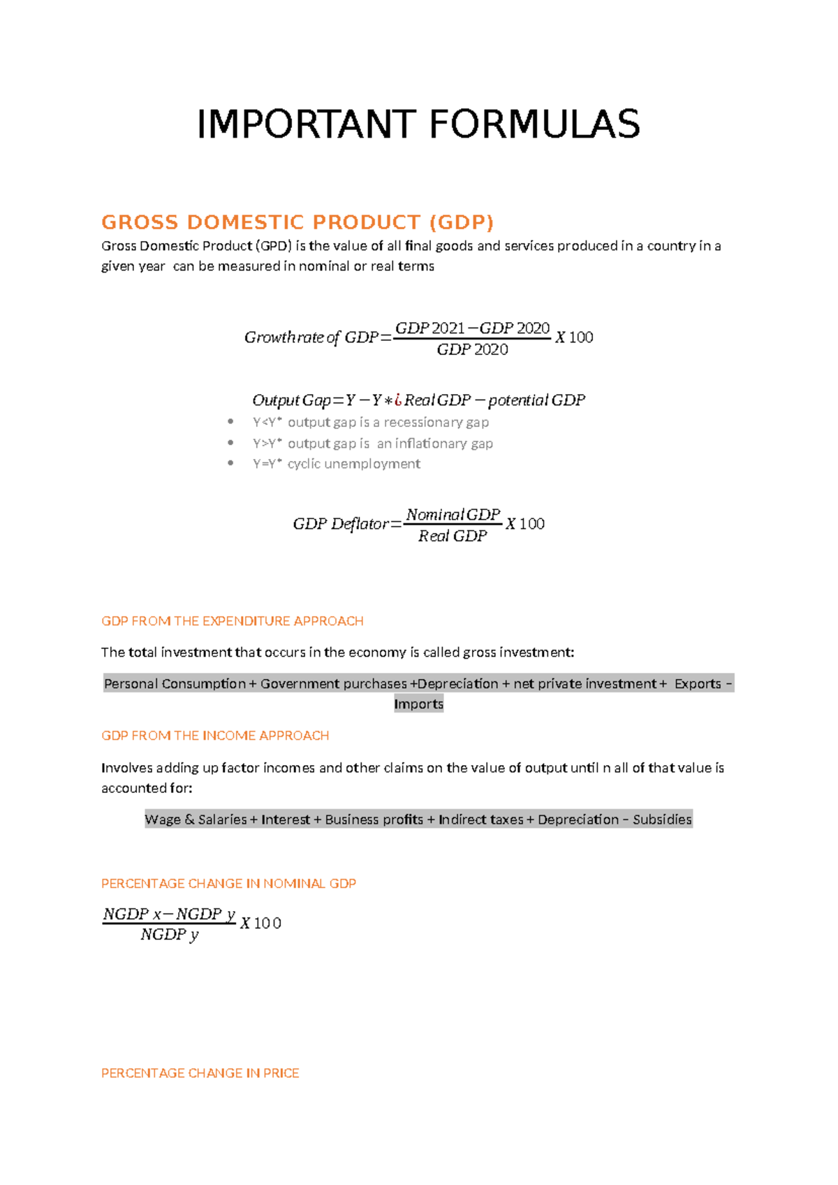 Important Formulas ECON 203 - IMPORTANT FORMULAS GROSS DOMESTIC PRODUCT ...