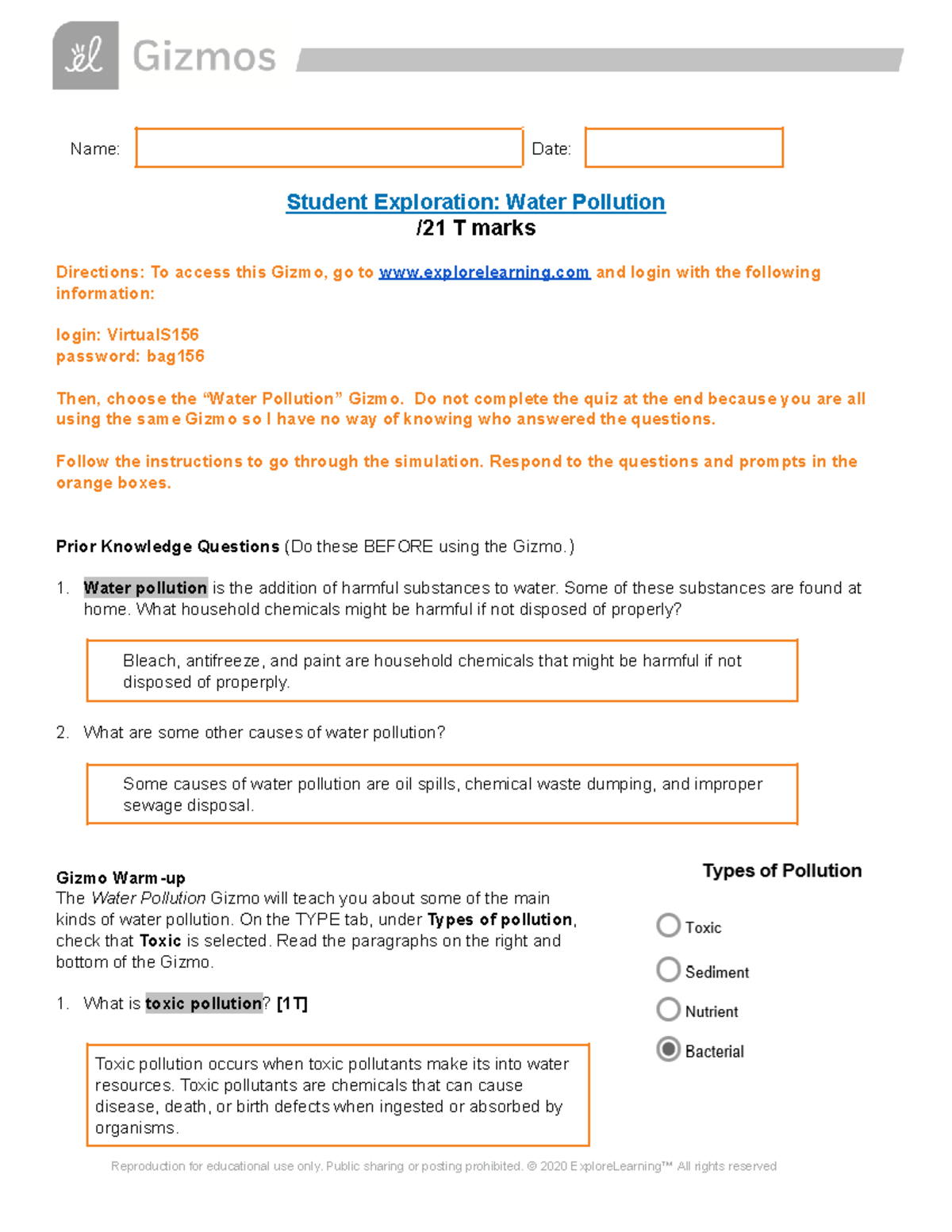 Water Pollution SE - Gizmo - Name: Date: Student Exploration: Water ...