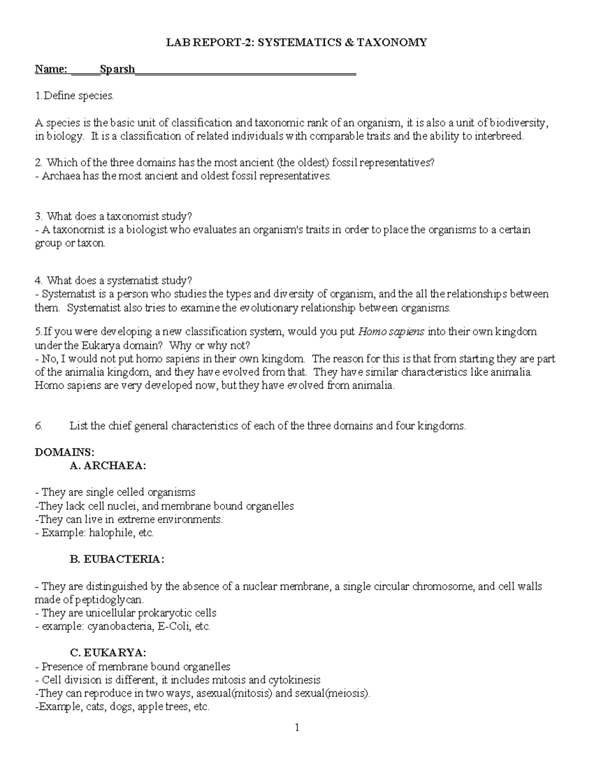 LAB Report 2-Taxonomy - LAB REPORT-2: SYSTEMATICS & TAXONOMY Name: - Studocu