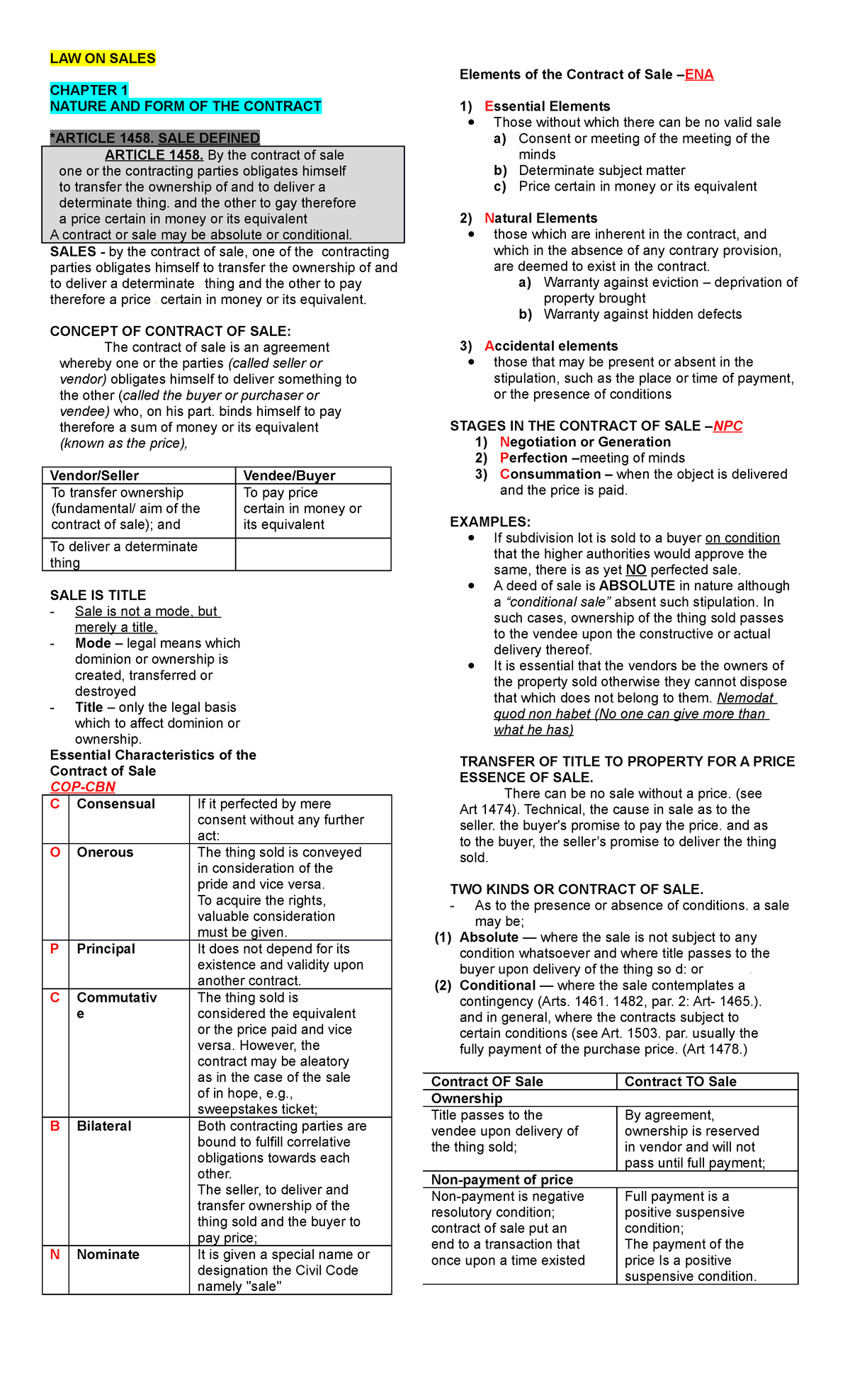 Law chap 1-3 - notes - LAW ON SALES CHAPTER 1 NATURE AND FORM OF THE ...