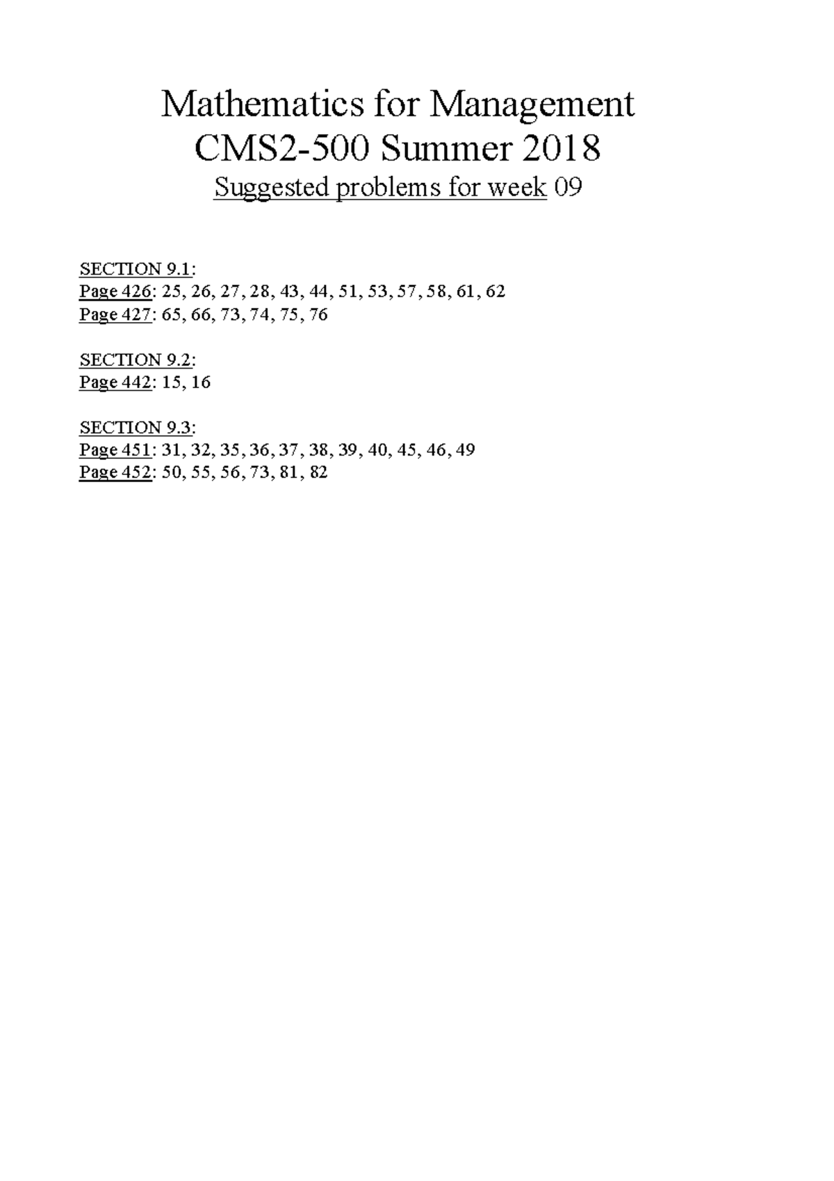 Problem Set09. CMS2 500 - Mathematics for Management CMS2-500 Summer ...