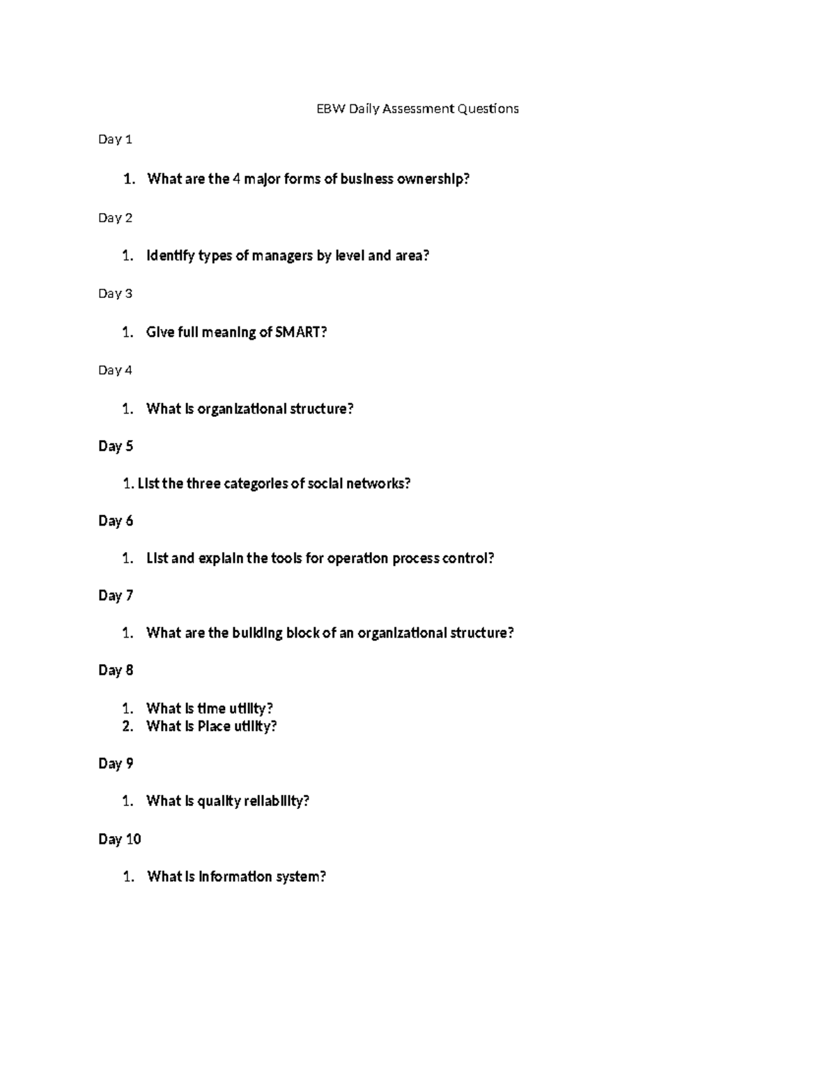BESO Daily Assessment Questions - EBW Daily Assessment Questions Day 1 ...