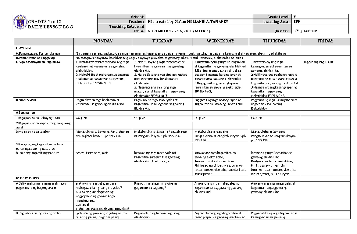 Ilide - MODULES EPP5 - GRADES 1 to 12 DAILY LESSON LOG School: Grade ...