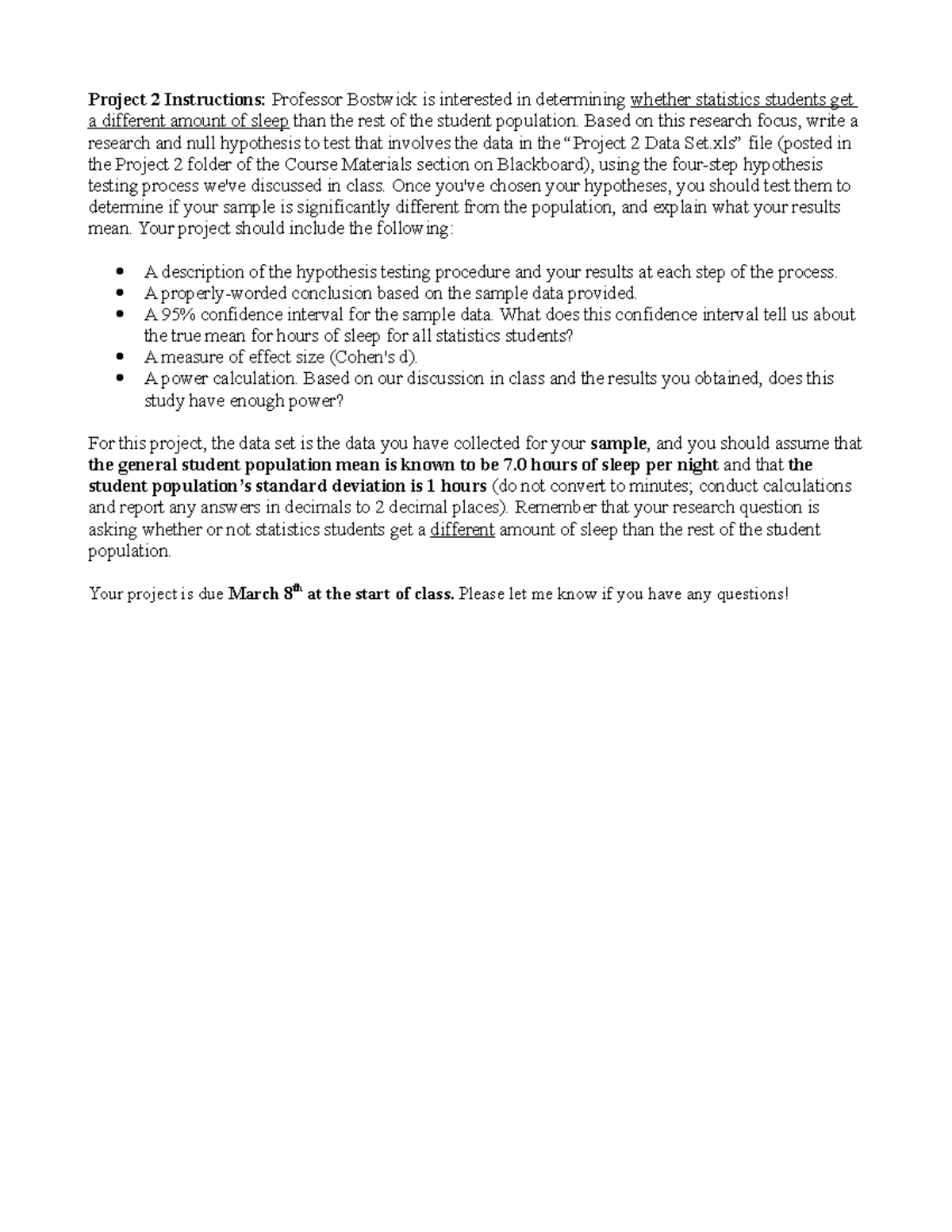 Synthesis Project 2 Instructions - Project 2 Instructions: Professor Bostwick is interested in ...