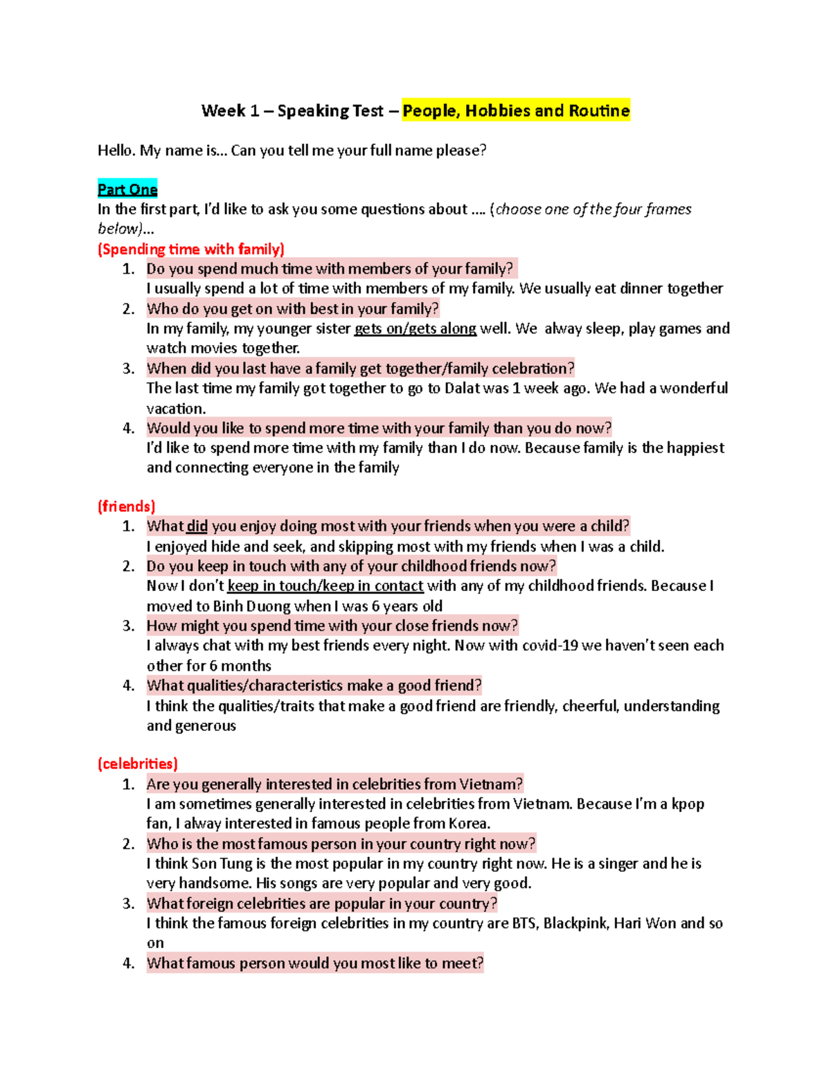 Speaking People Hobbies and Routine - Week 1 – Speaking Test – People ...