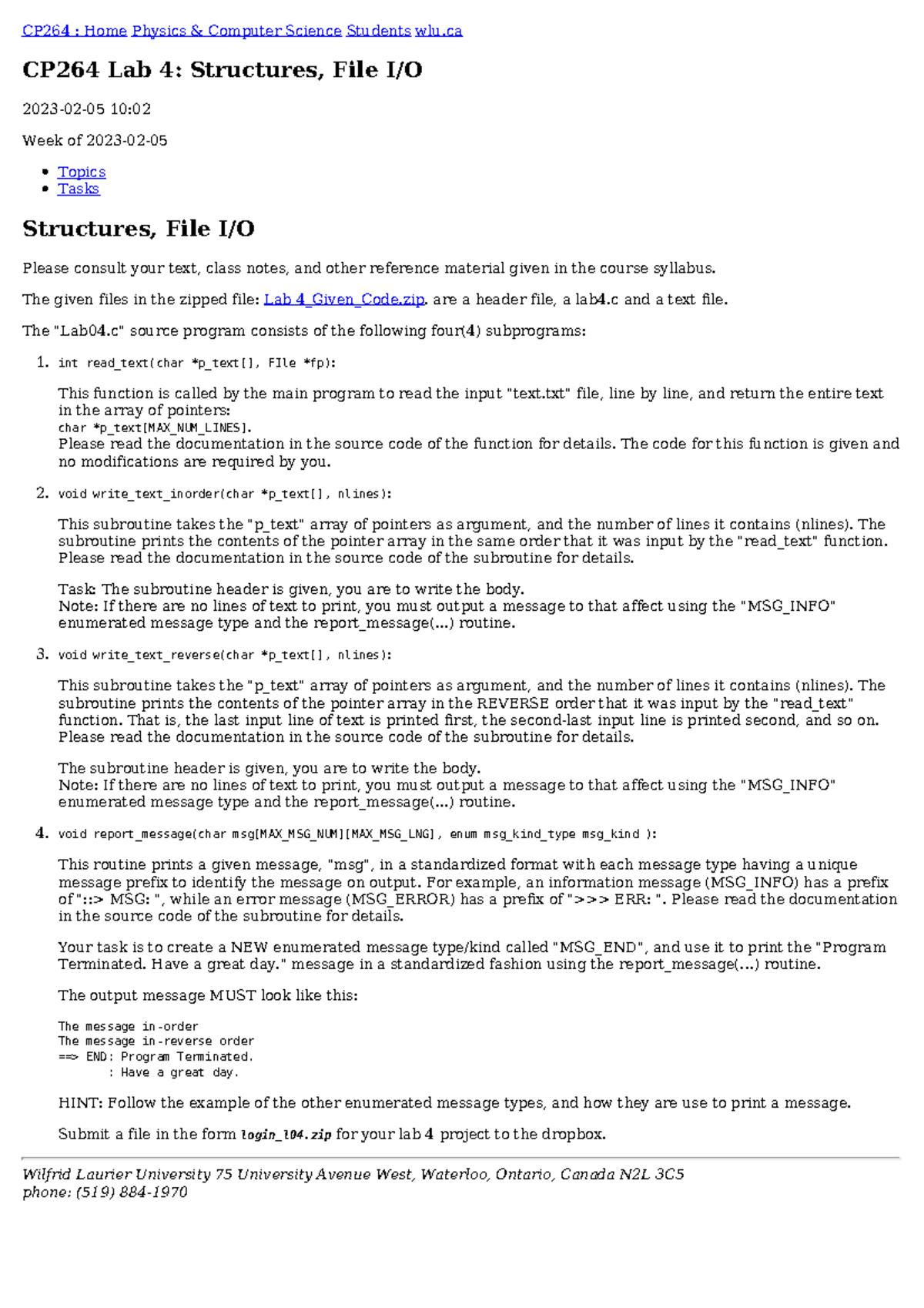 CP264 - Lab 004 - CP264 : Home Physics & Computer Science Students wlu CP264 Lab 4: Structures ...