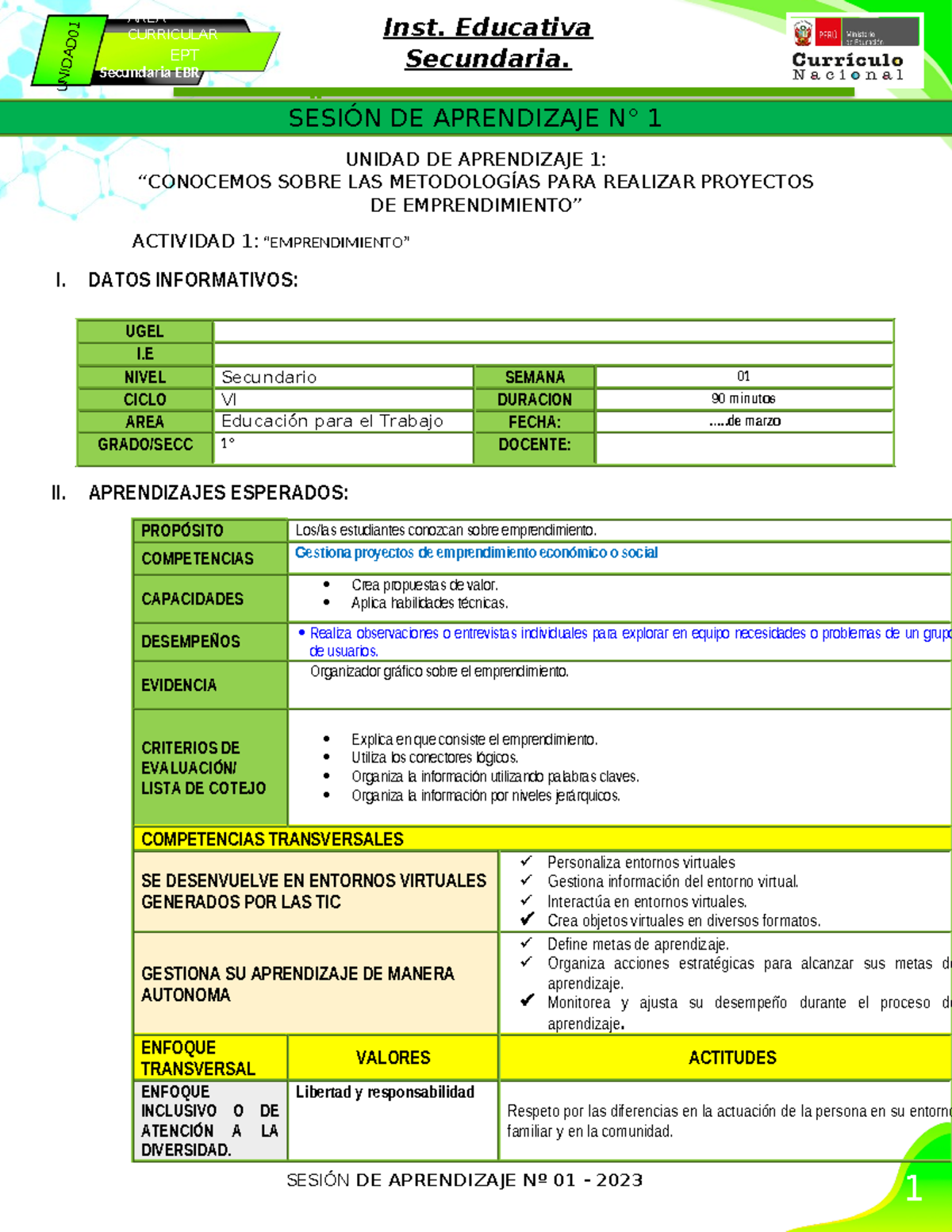 1º ETP-SES.1 -UNI 1- SEM 01 - 2022 - ####### EPT UNIDAD ####### Secundaria EBR CURRICULAR Inst ...