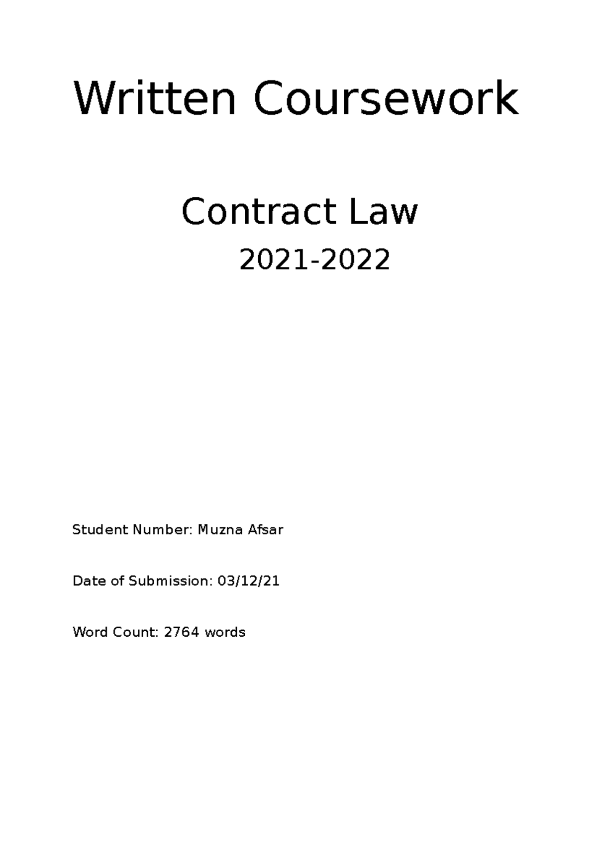 Final Coursework - tort law - Written Coursework Contract Law 2021 ...