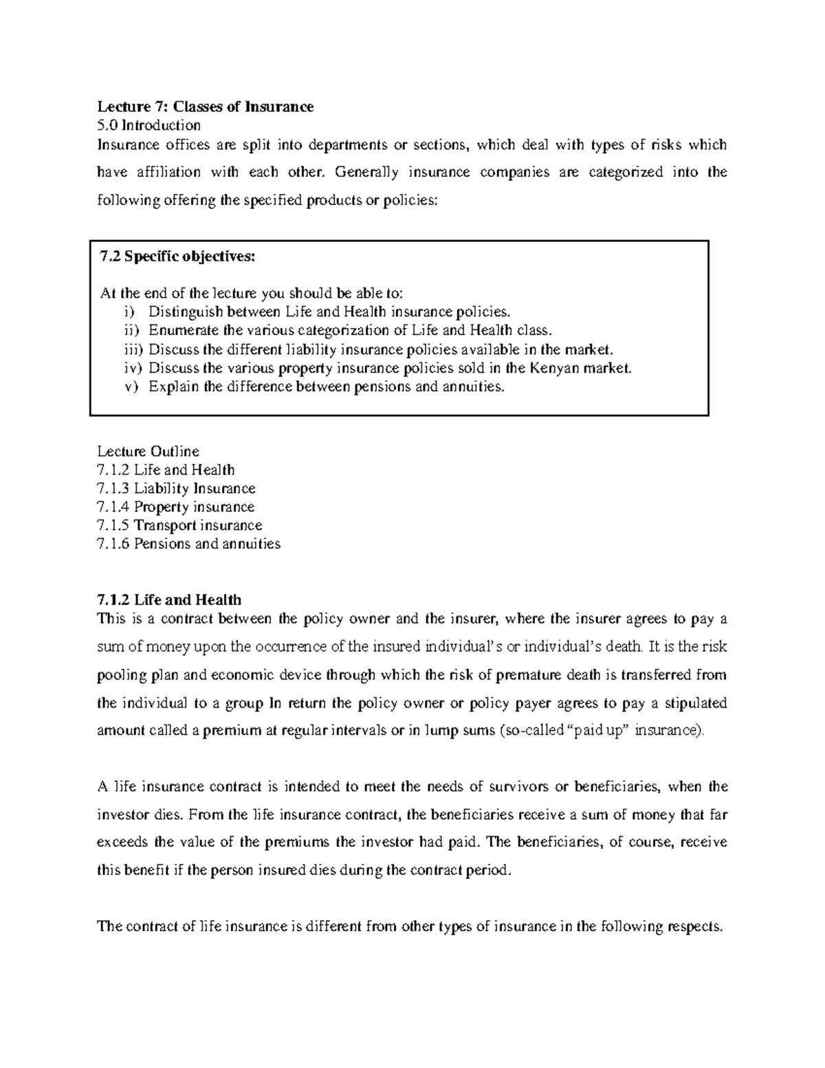 Lecture 7 Classes of Insurance - Lecture 7: Classes of Insurance 5 ...