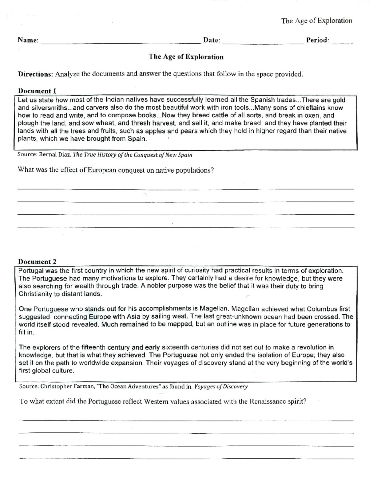 DBQ Exploration and Connection - Name Date: Period: The Age of ...