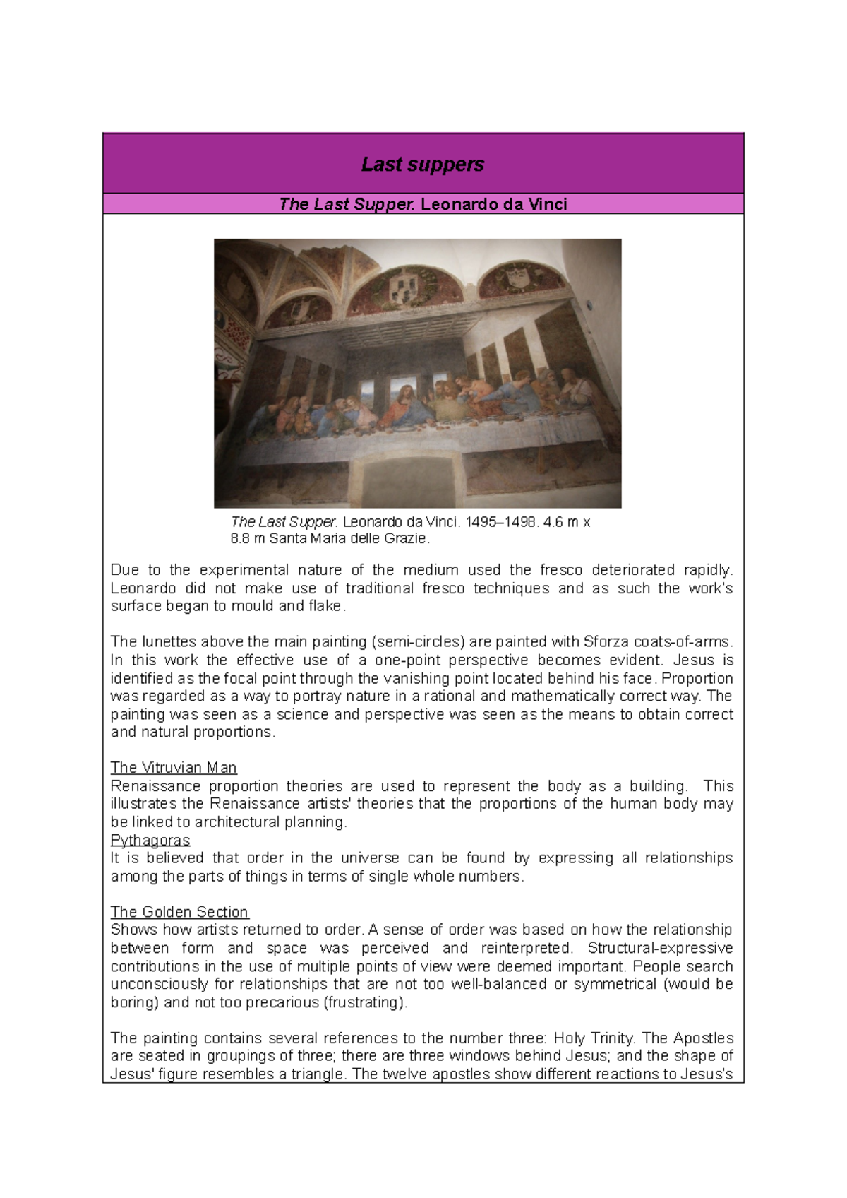 Notes test 4 - Last suppers The Last Supper. Leonardo da Vinci Due to ...