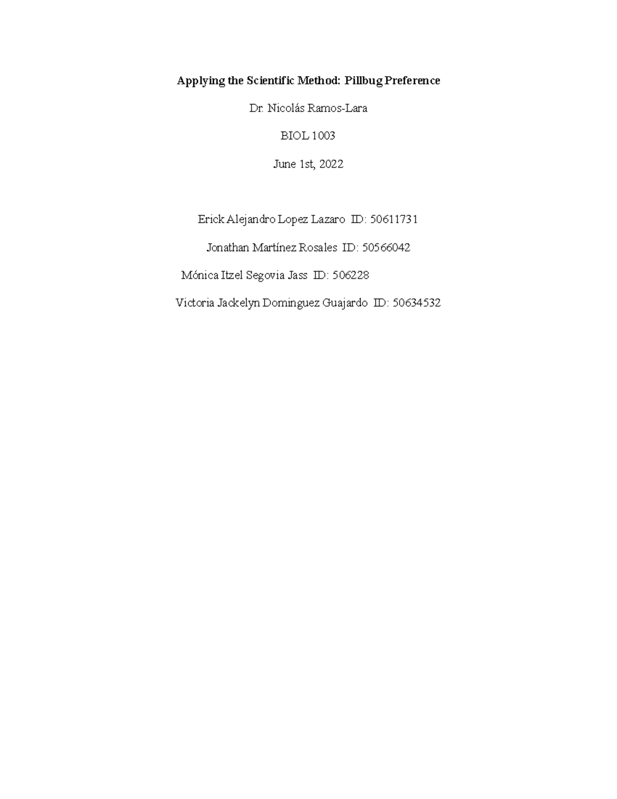 Report 1 bio ) (1) - moke up - Applying the Scientific Method: Pillbug ...