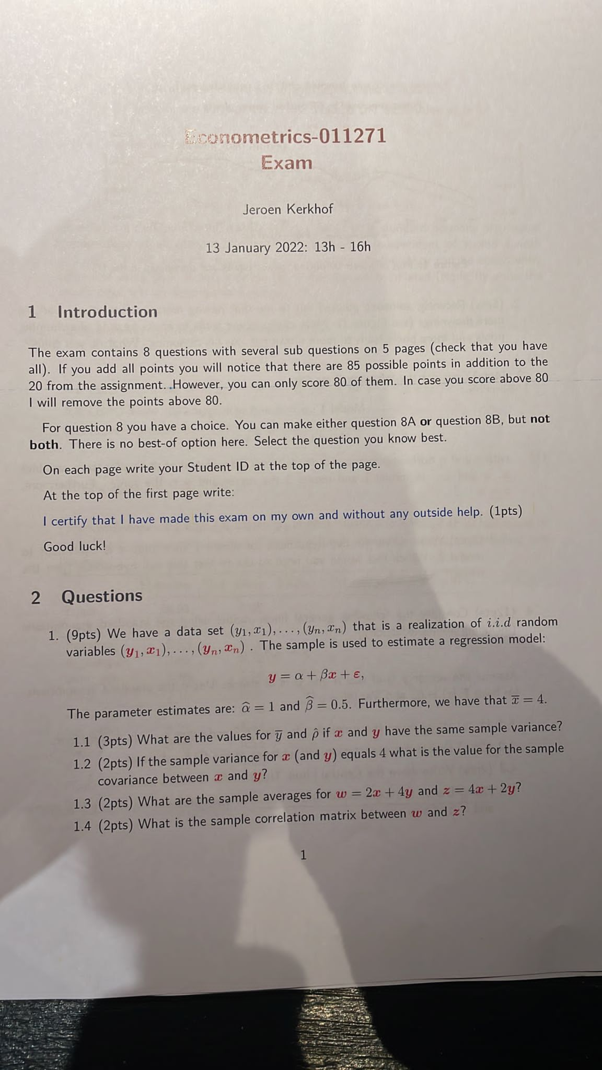 Questions jan 2122 - Econometrics - Studocu