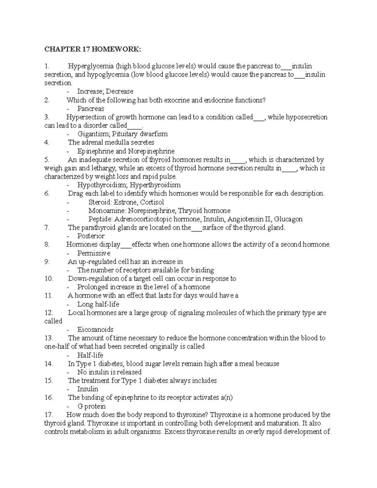 Chapter 17 Homework - CHAPTER 17 HOMEWORK: Hyperglycemia (high blood ...