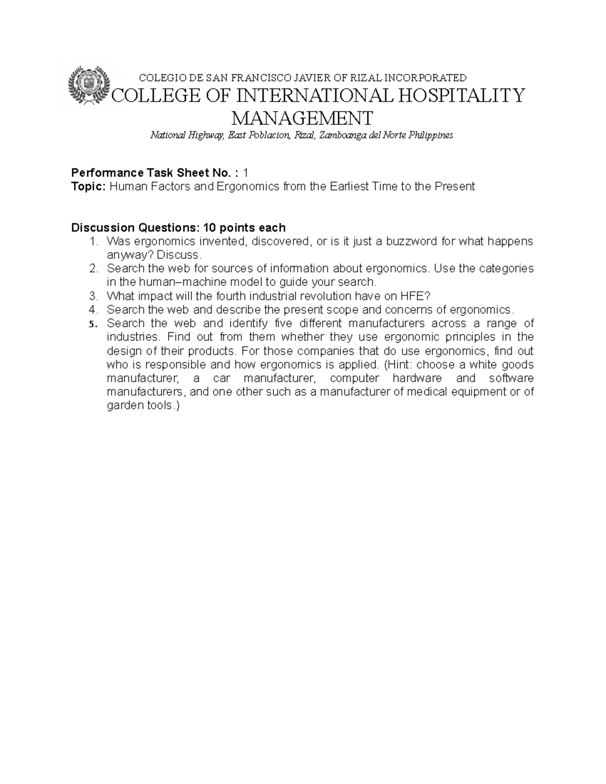 Performance task 1 - Facility Programming and Cost Analysis - COLEGIO ...