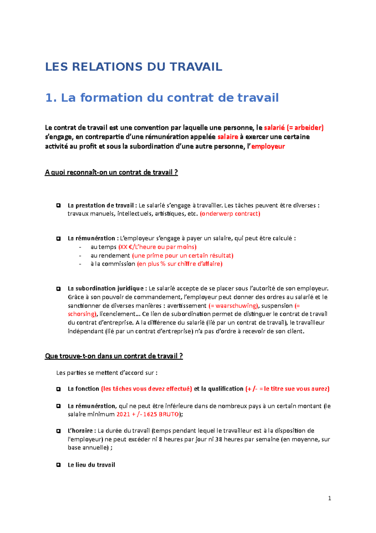 Les relations du travail-2 (de juiste) - LES RELATIONS DU TRAVAIL 1. La formation du contrat de ...