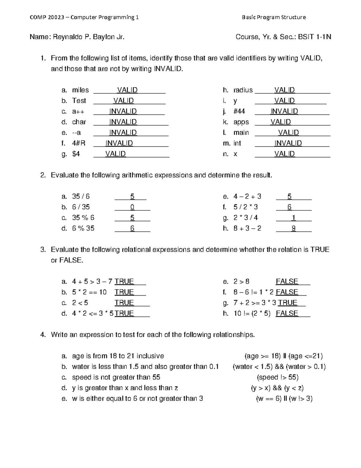 Basic Program Structure Assessment - Name: Reynaldo P. Baylon Jr ...