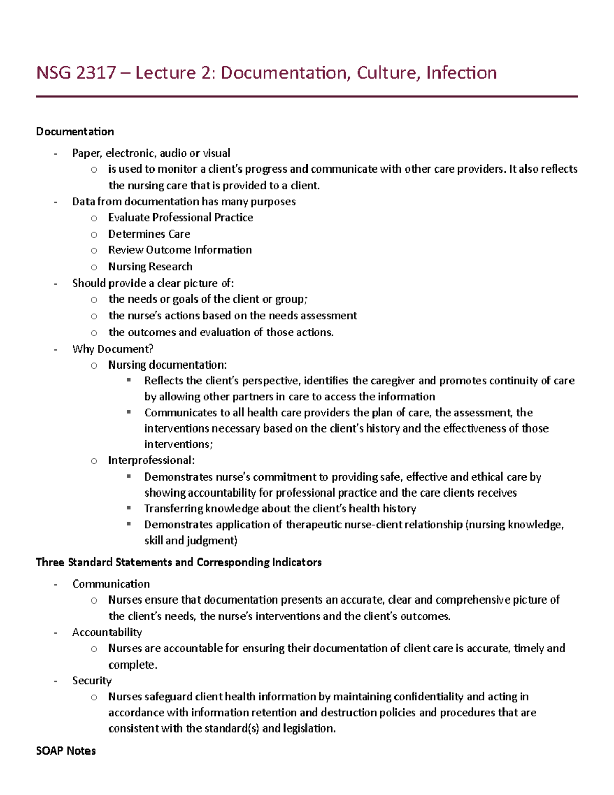 NSG 2317 - Lecture 2 - NSG 2317 – Lecture 2: Documentation, Culture ...