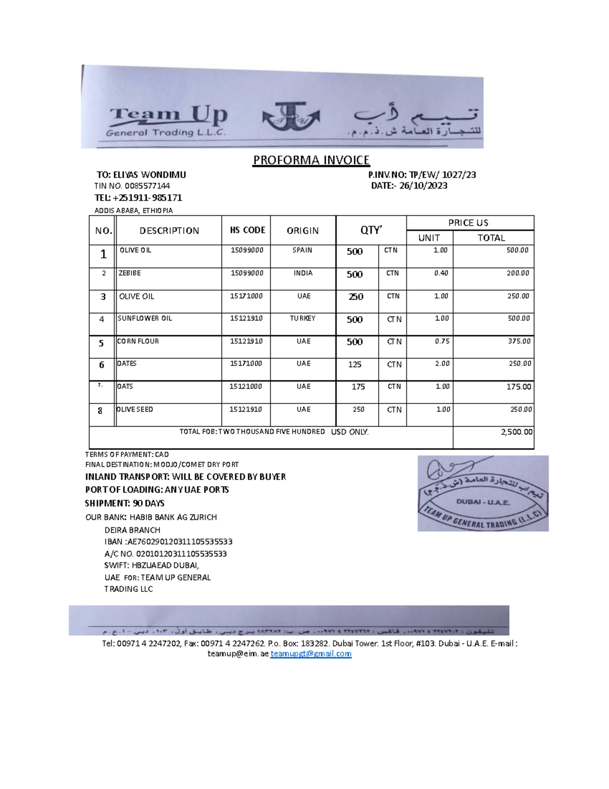 Proforma 1027 - PROFORMA INVOICE TO: ELIYAS WONDIMU P.INV: TP/EW/ 102 7 ...