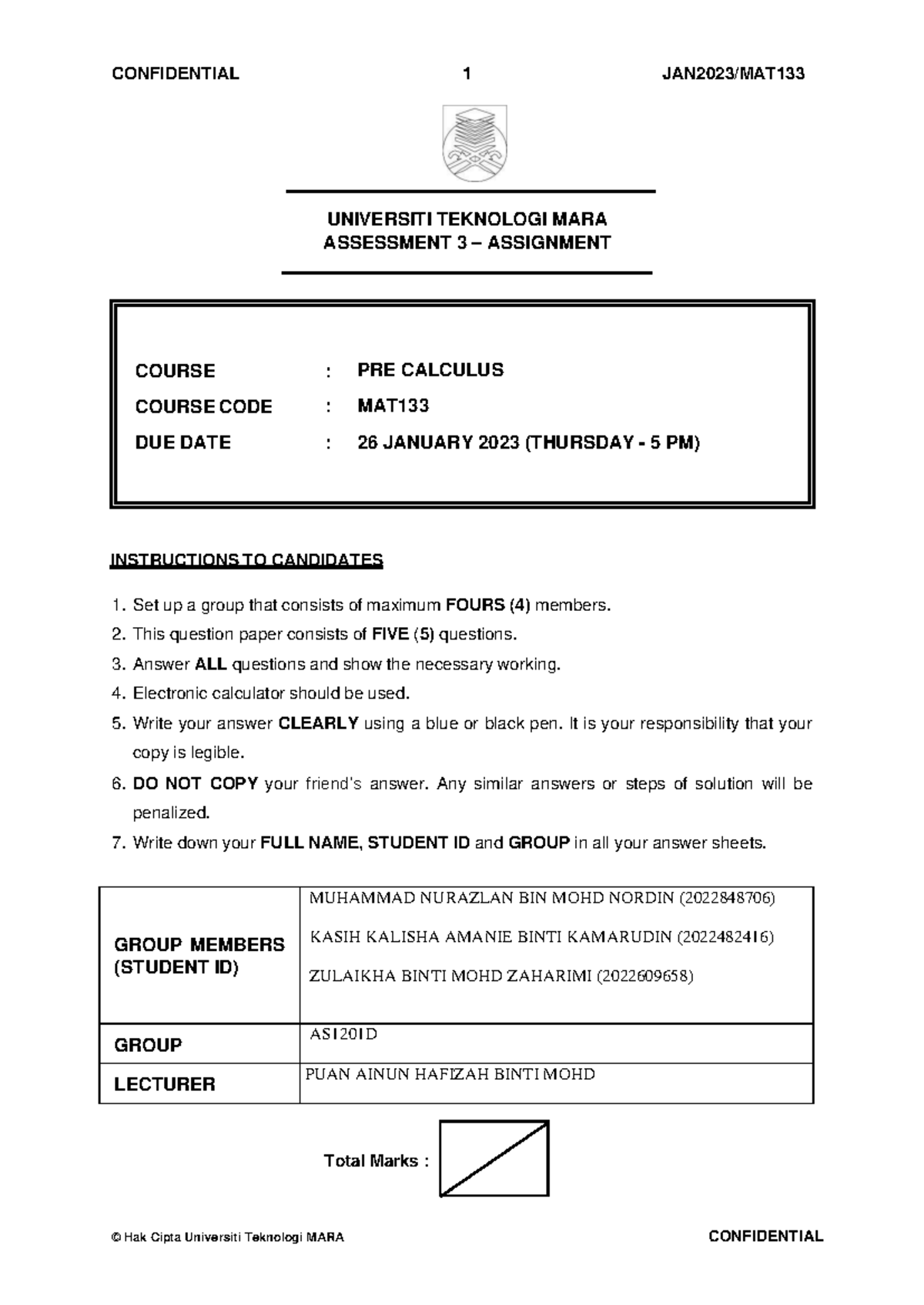 Assessment 3 MAT133 JAN 2023 COPY - COURSE COURSE CODE DUE DATE : PRE CALCULUS : MAT : 26 ...