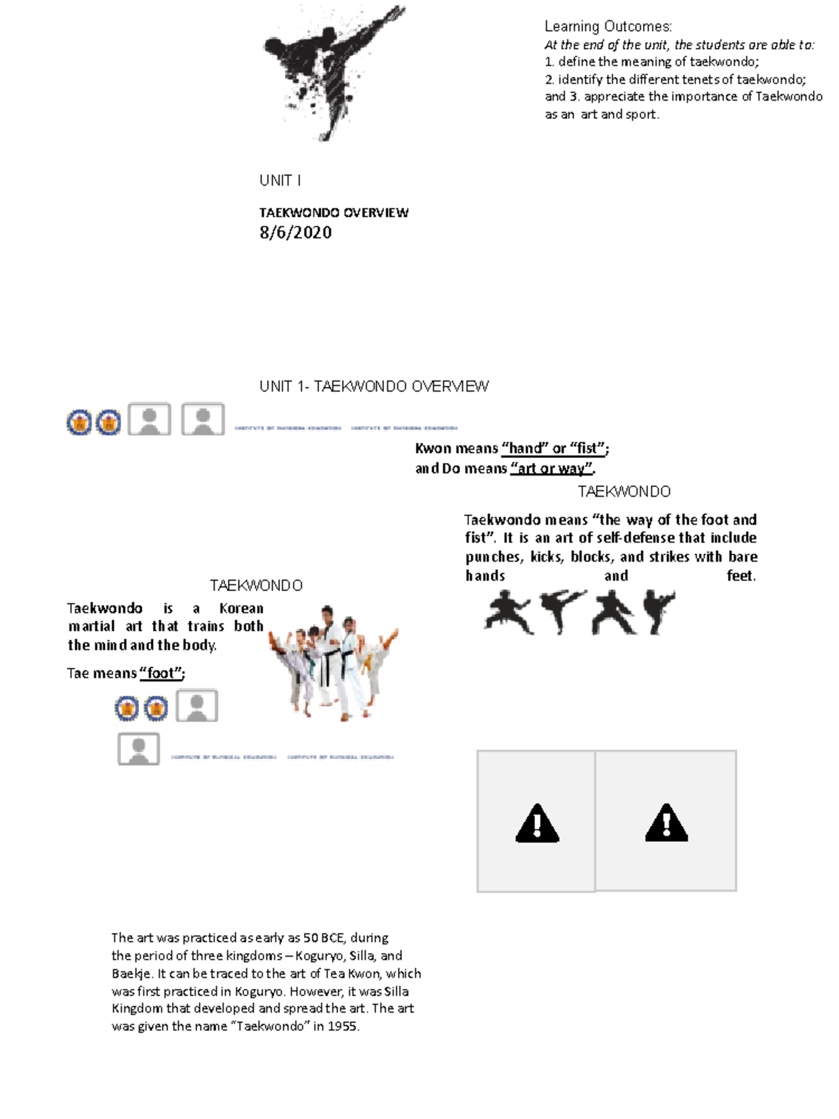 PE 3 Taekwondo pdf - P,E REVIEWER - UNIT I TAEKWONDO OVERVIEW 8/6/ UNIT 1- TAEKWONDO OVERVIEW ...