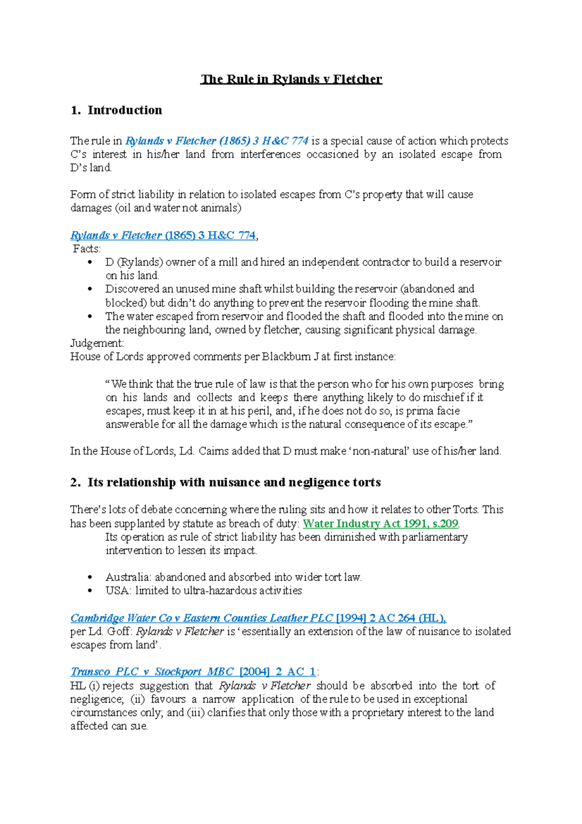 The Rule in Rylands v Fletcher - Introduction The rule in Rylands v ...
