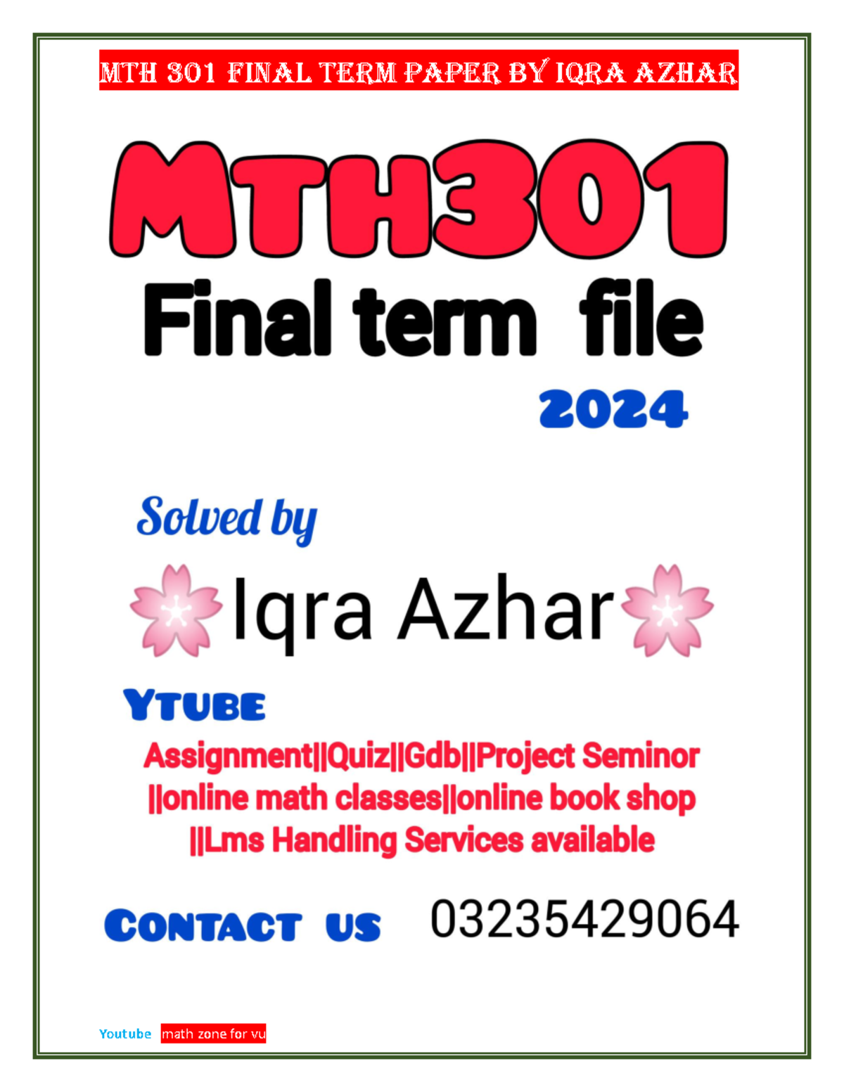Mth301 Final Term Paper by iqra azhar - Which of the following ...