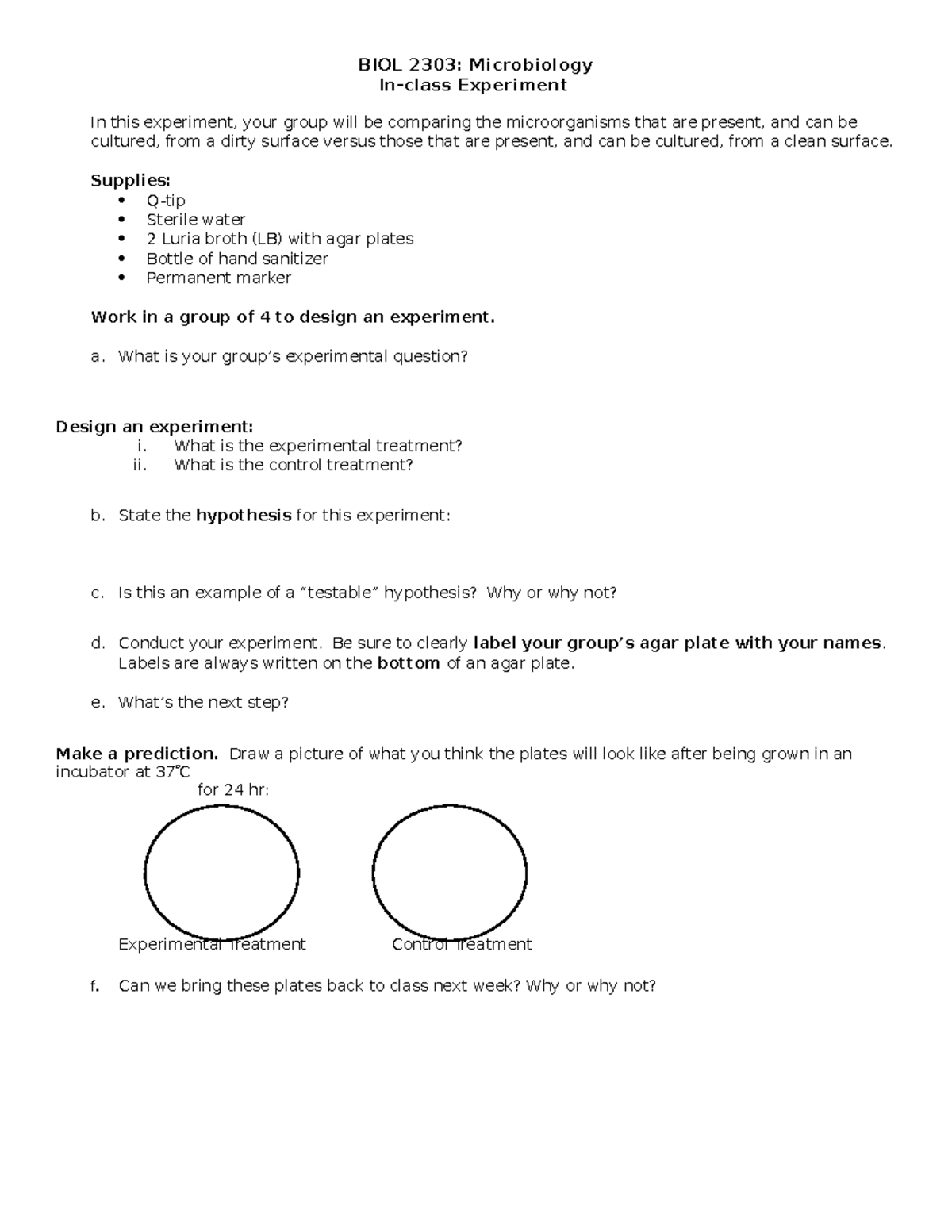 Week 2 Experiment in class - BIOL 2303: Microbiology In-class ...