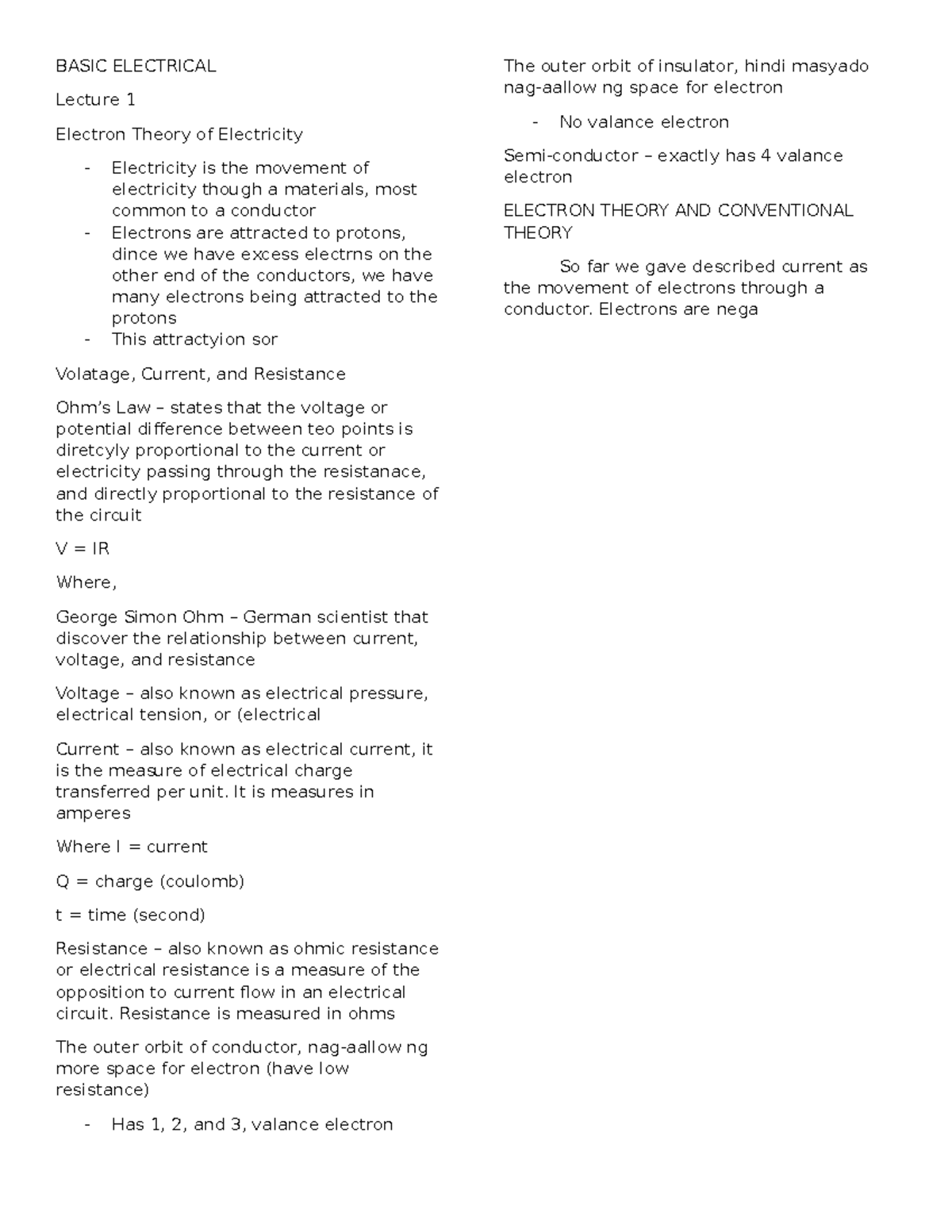 Notes Basic Electrical lecture 1 - BASIC ELECTRICAL Lecture 1 Electron ...