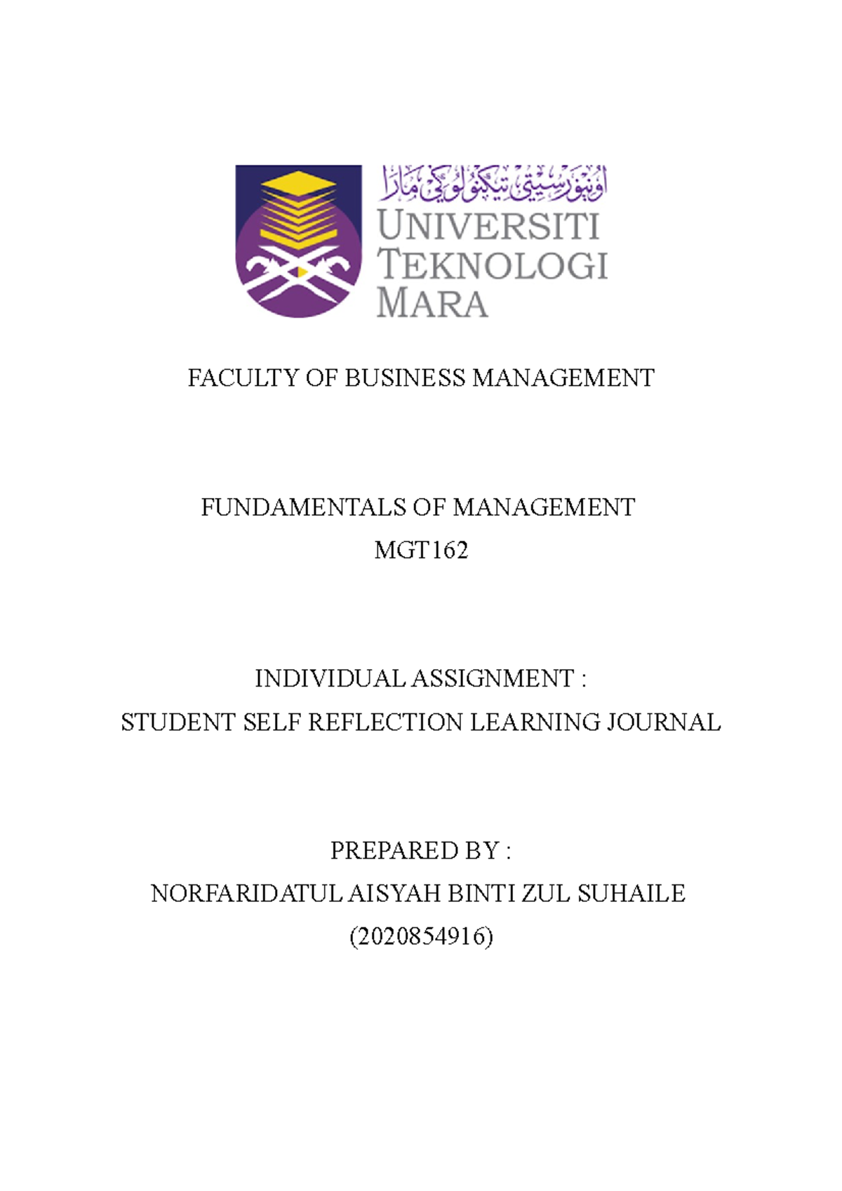 Individual Assignment 1 - FACULTY OF BUSINESS MANAGEMENT FUNDAMENTALS ...