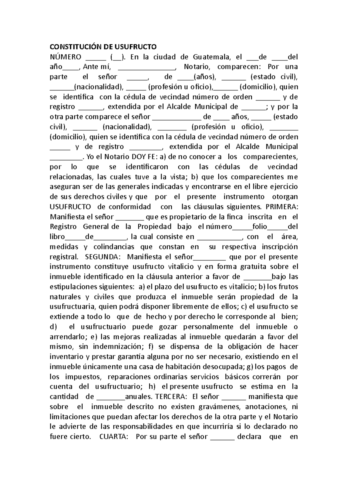 Constitucion de usufructo - CONSTITUCIÓN DE USUFRUCTO NÚMERO ...