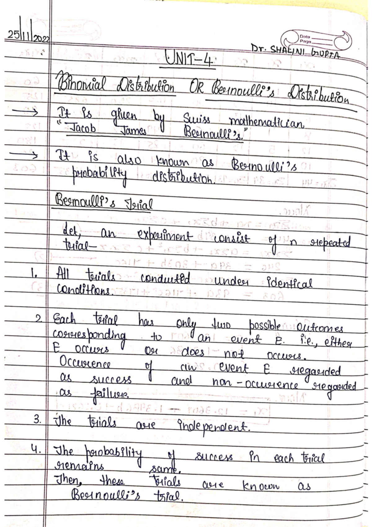 Notes(Binomial distribution)Unit-4 - 2 Date Page Dr. SHALINI GUPTA ...