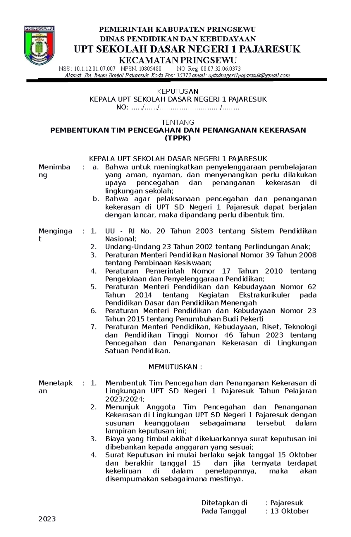 [panduanmengajar.com] SK Tim Pencegahan dan Penanganan Kekerasan di Lingkungan Satuan Pendidikan ...