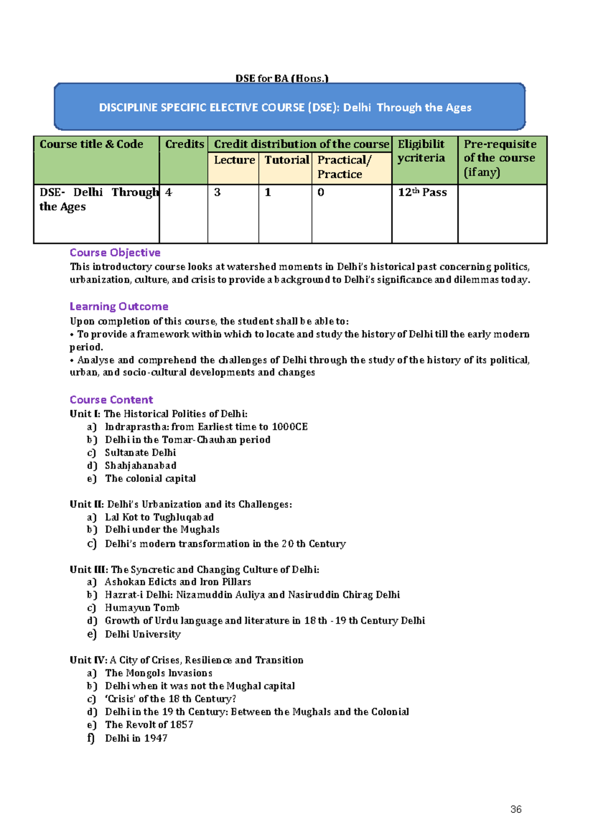 Delhi through the ages DSE Syllabus - DSE for BA (Hons.) Course title ...