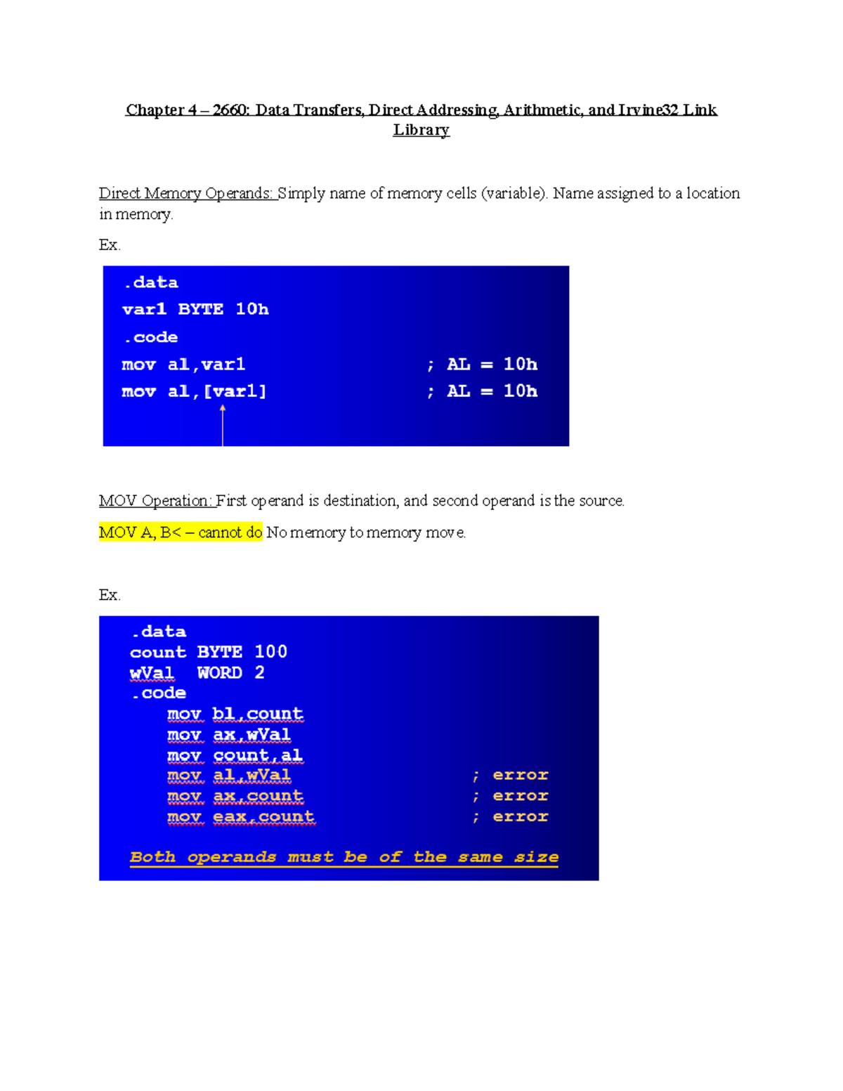 Chapter 4 lecture - asd - Chapter 4 – 2660: Data Transfers, Direct Addressing, Arithmetic, and ...