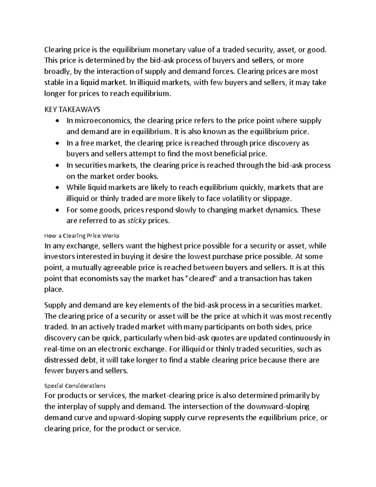 What is Clearing Price - Notes - Clearing price is the equilibrium ...