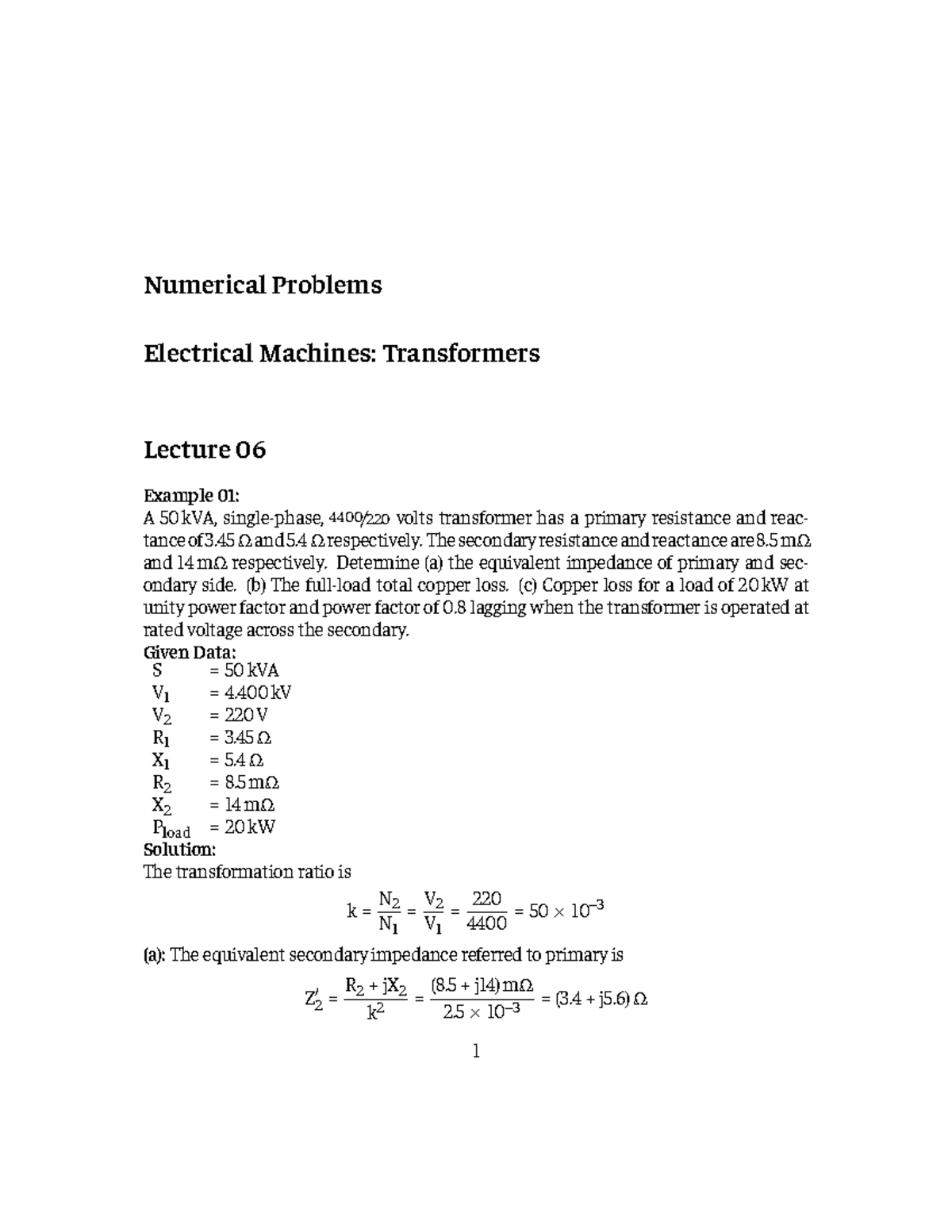 Numerical problems of Transformers - Numerical Problems Electrical Machines: Transformers ...