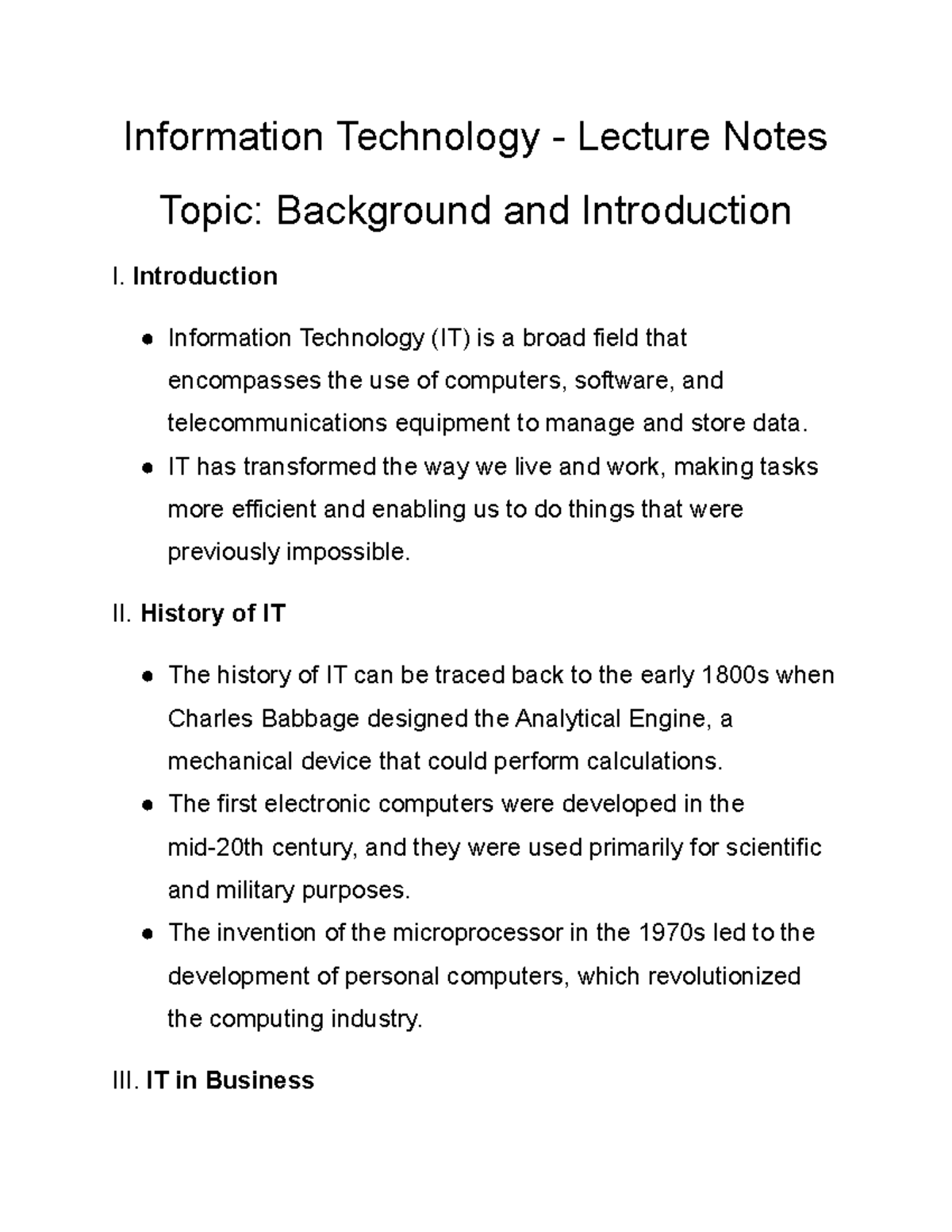 Background and Introduction - Introduction Information Technology (IT) is a broad field that ...