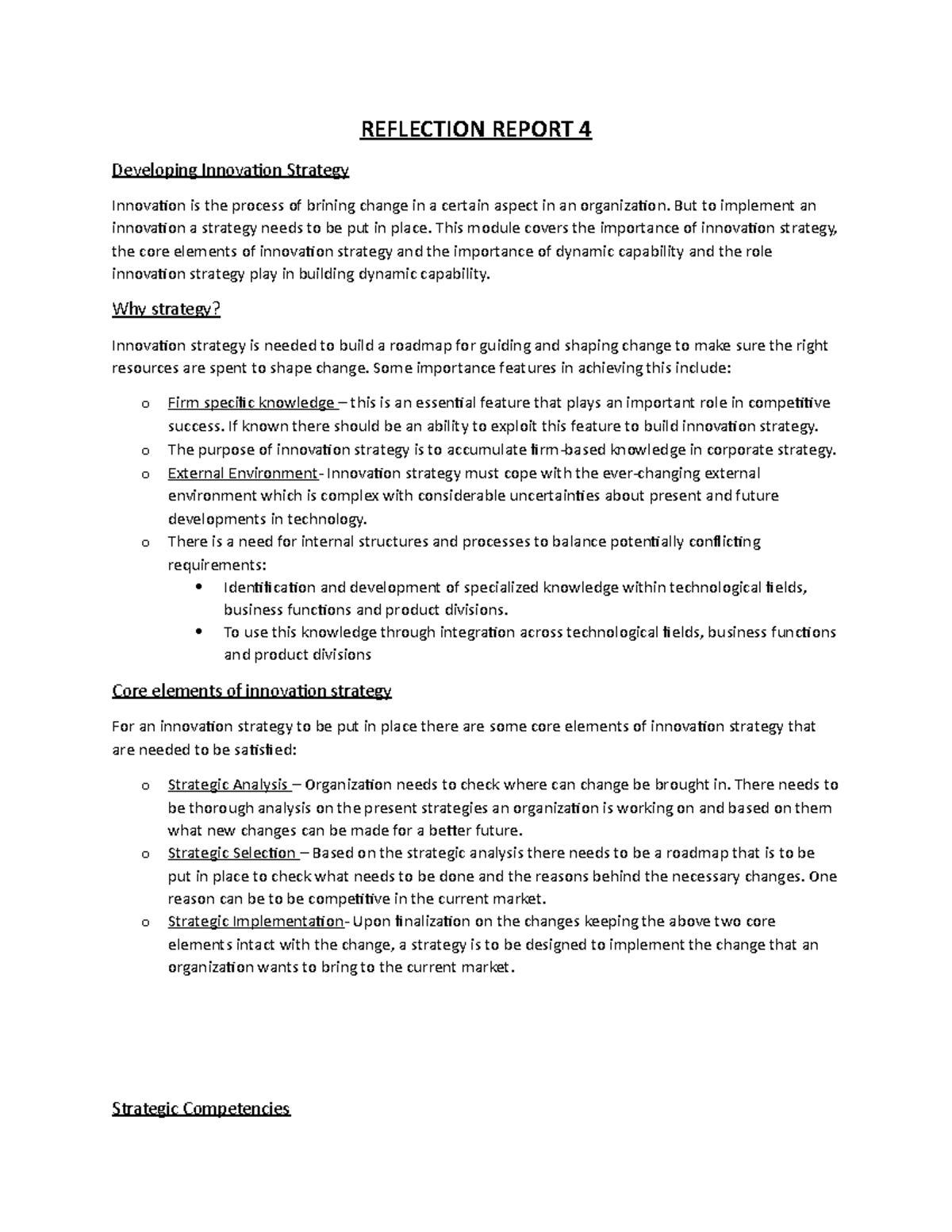 RR4 - RR4 - REFLECTION REPORT 4 Developing Innovation Strategy ...