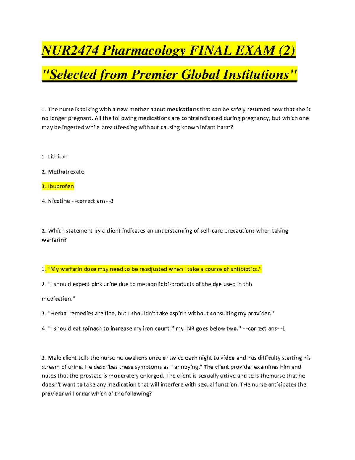 NUR2474 Pharmacology Final EXAM 1 - NUR2474 Pharmacology FINAL EXAM (2 ...