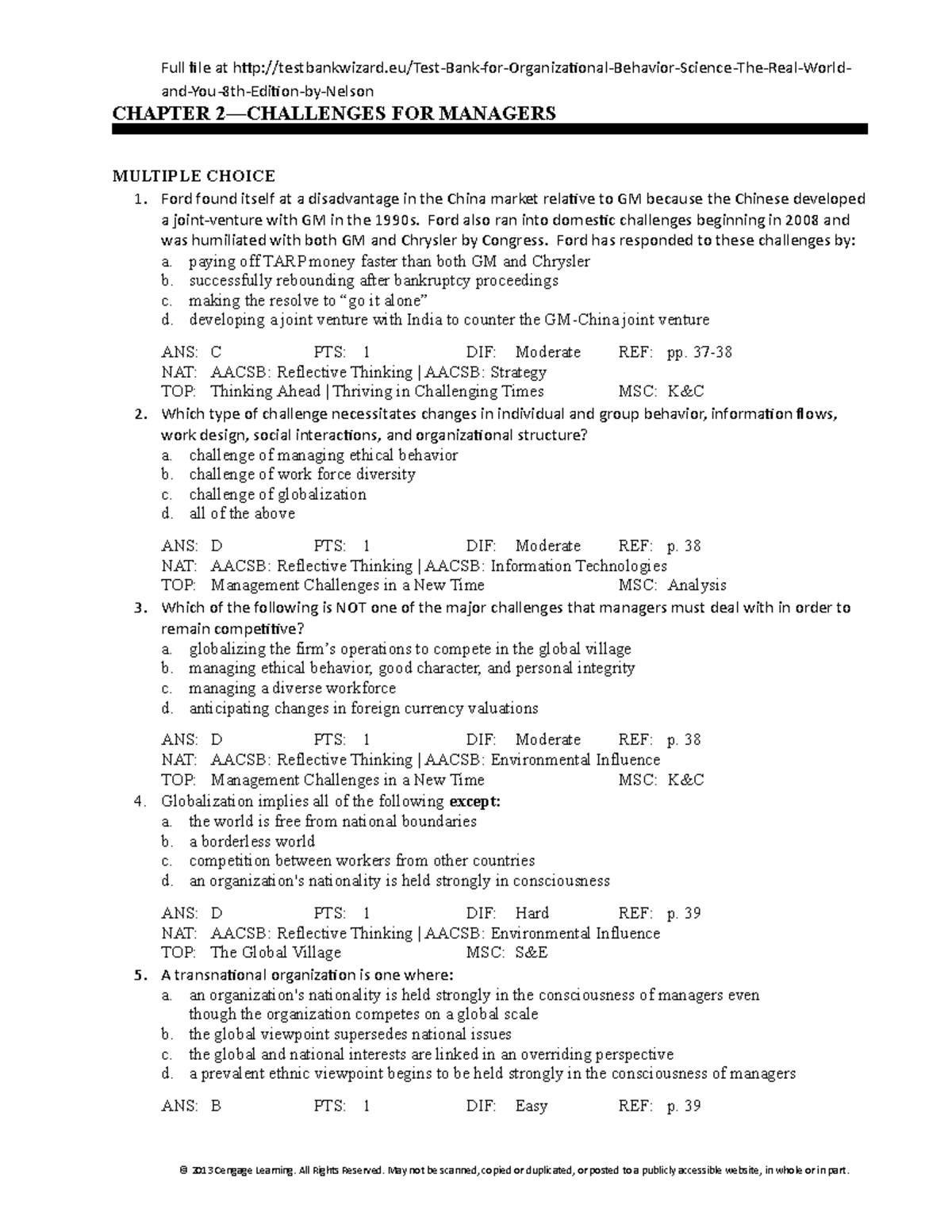 CH 2 - Test Bank for Organizational Behavior Science The Real World and ...