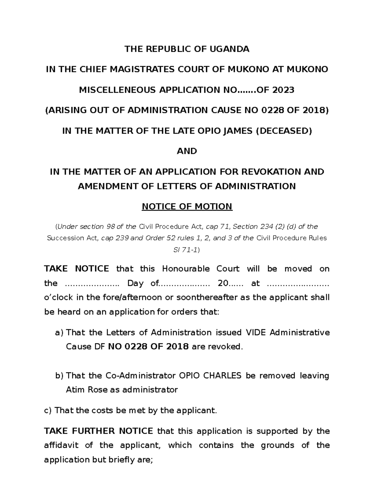 Application for revokation 2 - THE REPUBLIC OF UGANDA IN THE CHIEF ...